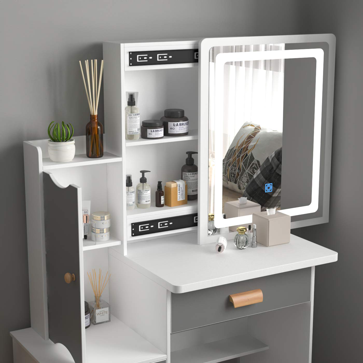 FUFU&GAGA Large Vanity Set Makeup Vanity Dressing Table with Sliding Lighted Mirror, 5 Drawers & Shelves, Dresser Desk and Cushioned Stool Set (Black)