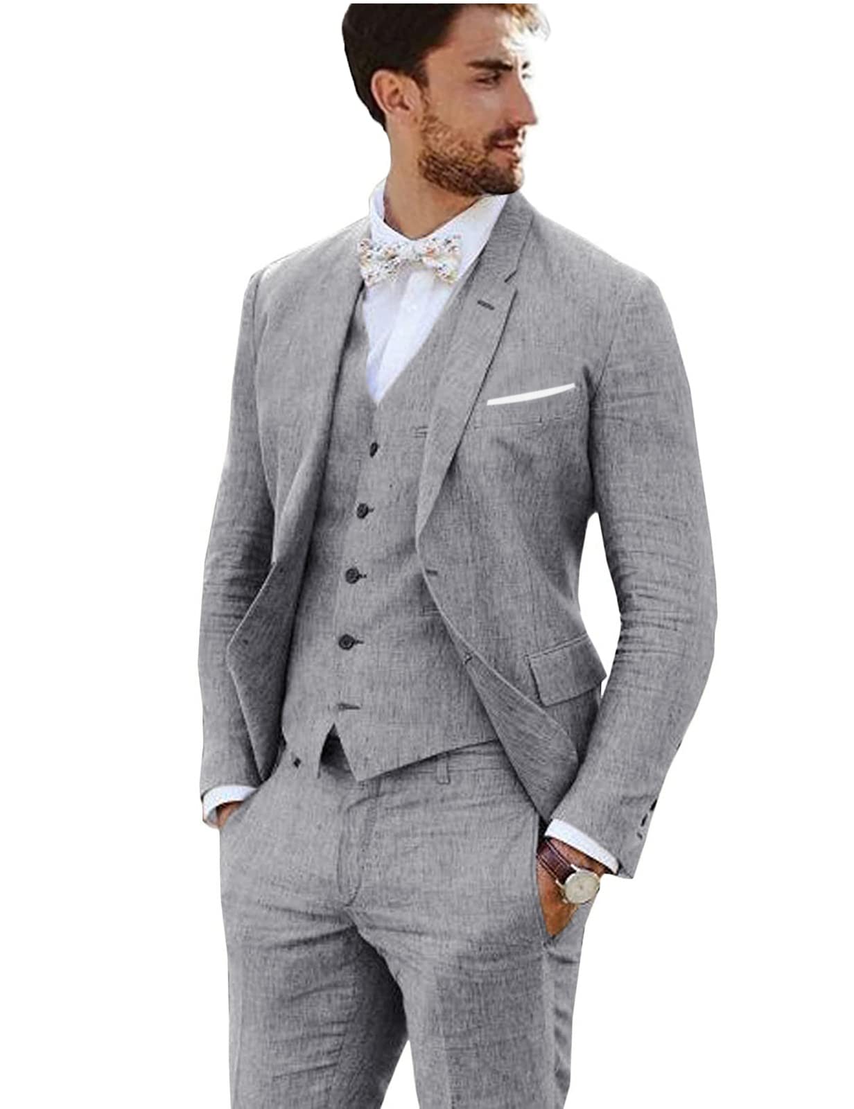 Furuyal Linen Suits for Men 3-Piece Casual Summer Beach Wedding Retro Slim Fit Tuxedo Groom Tux Blazer Vest & Pants Gray-XL