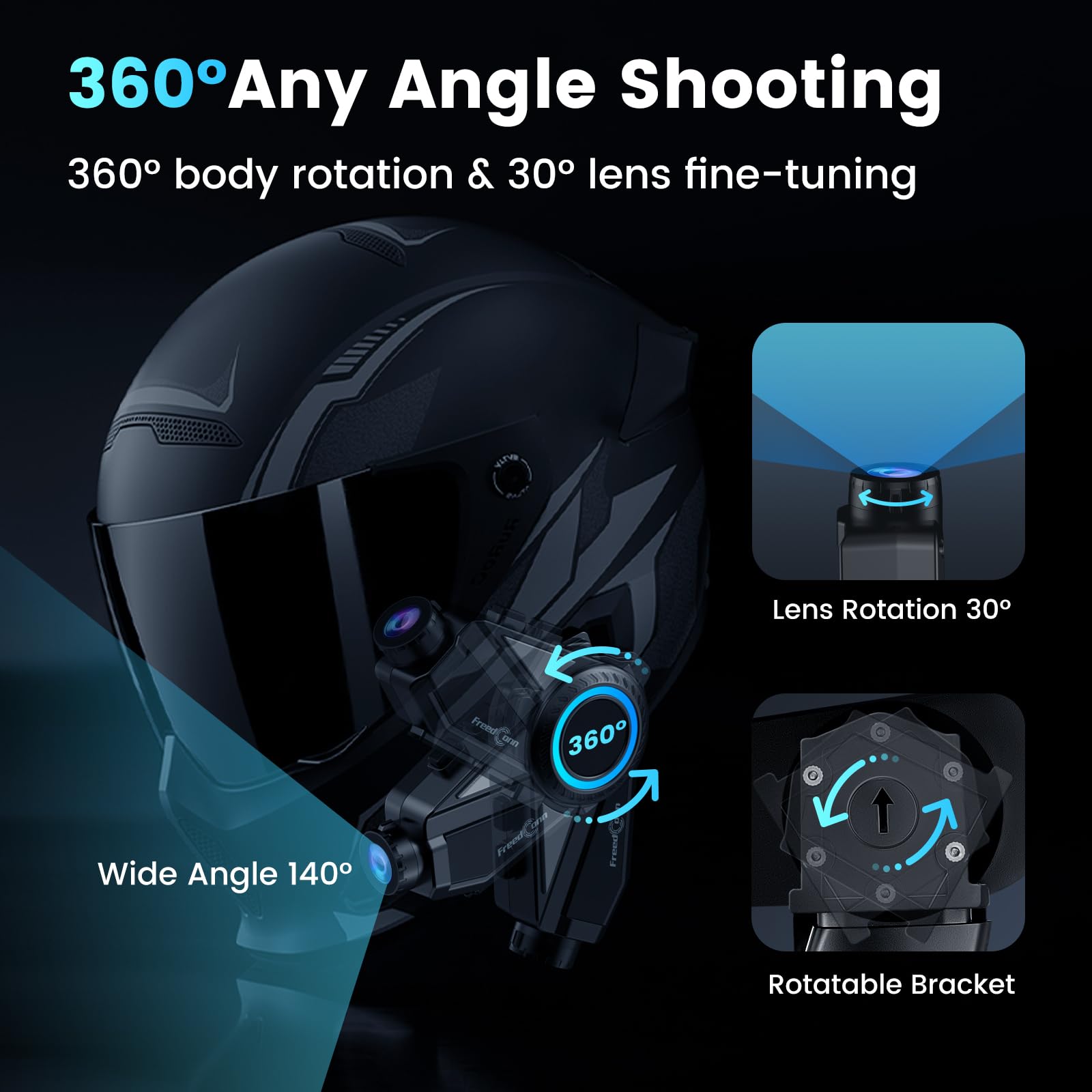 FreedConn Motorcycle Bluetooth Headset with【2K】 Camera [360°Shooting][Upgraded Night Vision][Hi-Res Audio], 2-8 Riders 1500M Motorcycle Communication Systems-128G TF Card, 2000mAh/Music Share/IP65