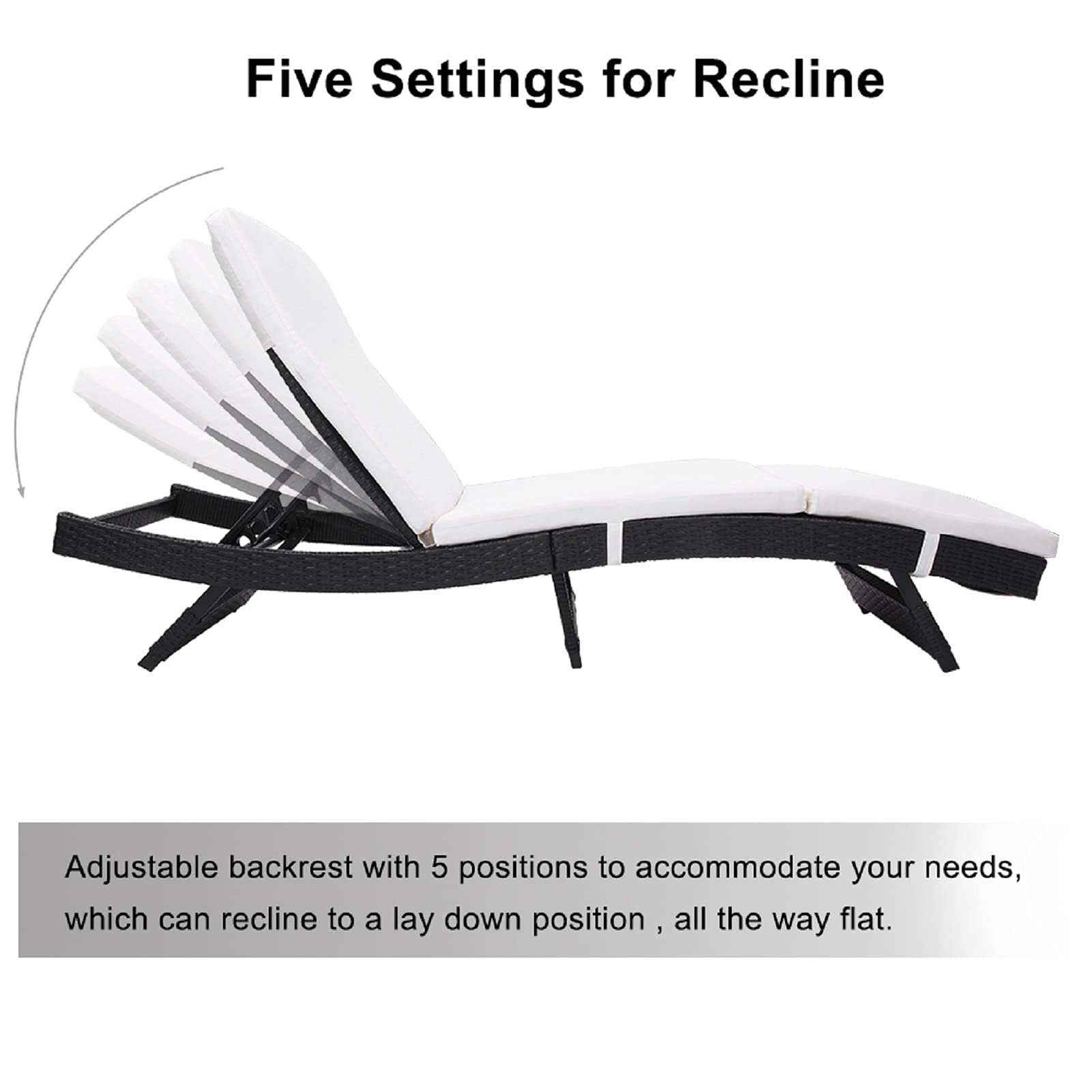 fuhan Outdoor Adjustable Pool Chaise Lounge Chair PE Rattan Wicker Patio Leisure Lounge Chair with Cushion for Beach Garden Backyard 195 * 68 * 33 cm Black Frame