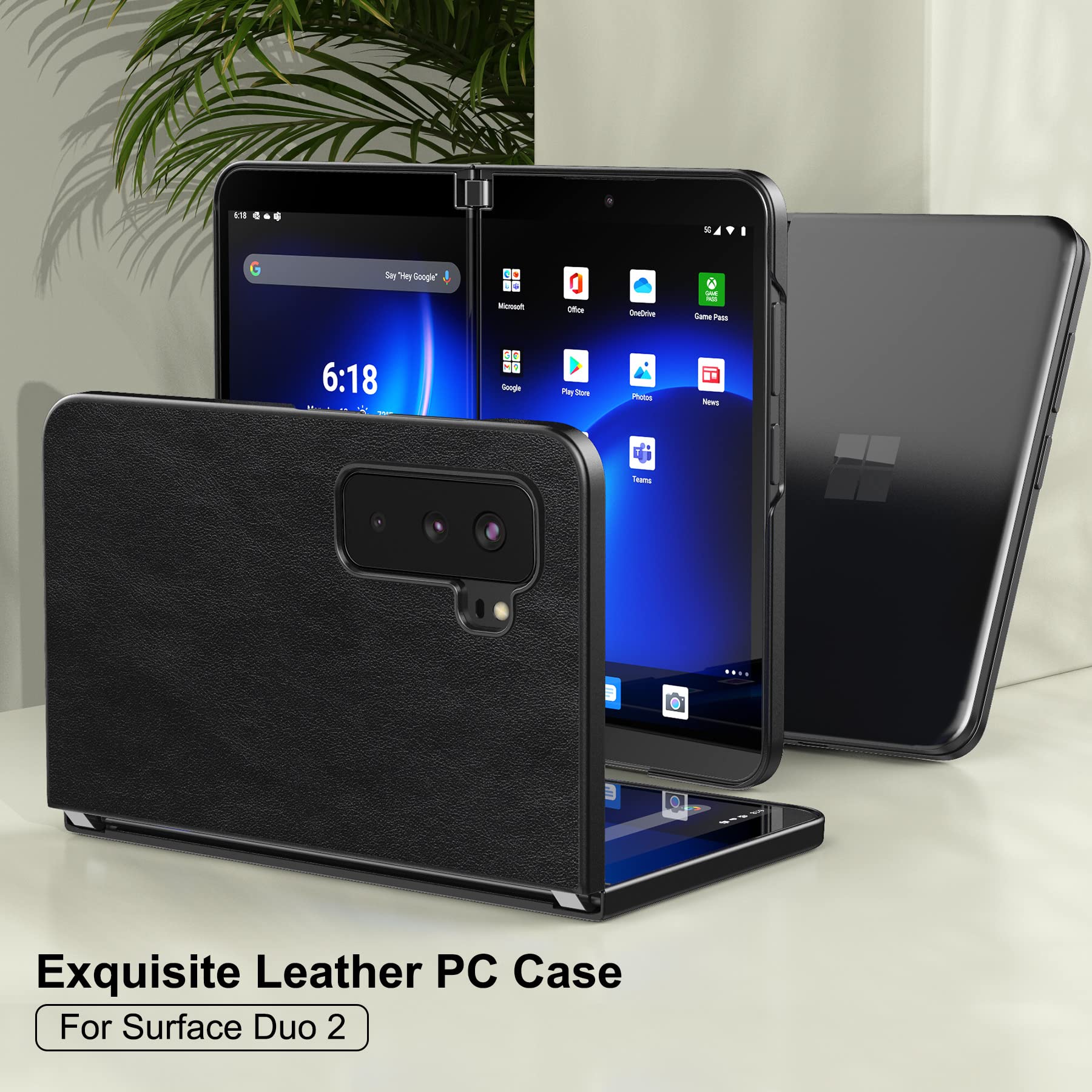 Foluu for Microsoft Surface Duo 2 Case, Surface Duo 2 2021 Leather Case, [Slim & Lightweight] PU Leather Back Cover Hard PC Durable Protective Phone Case for Microsoft Surface Duo 2 2021 (Black)
