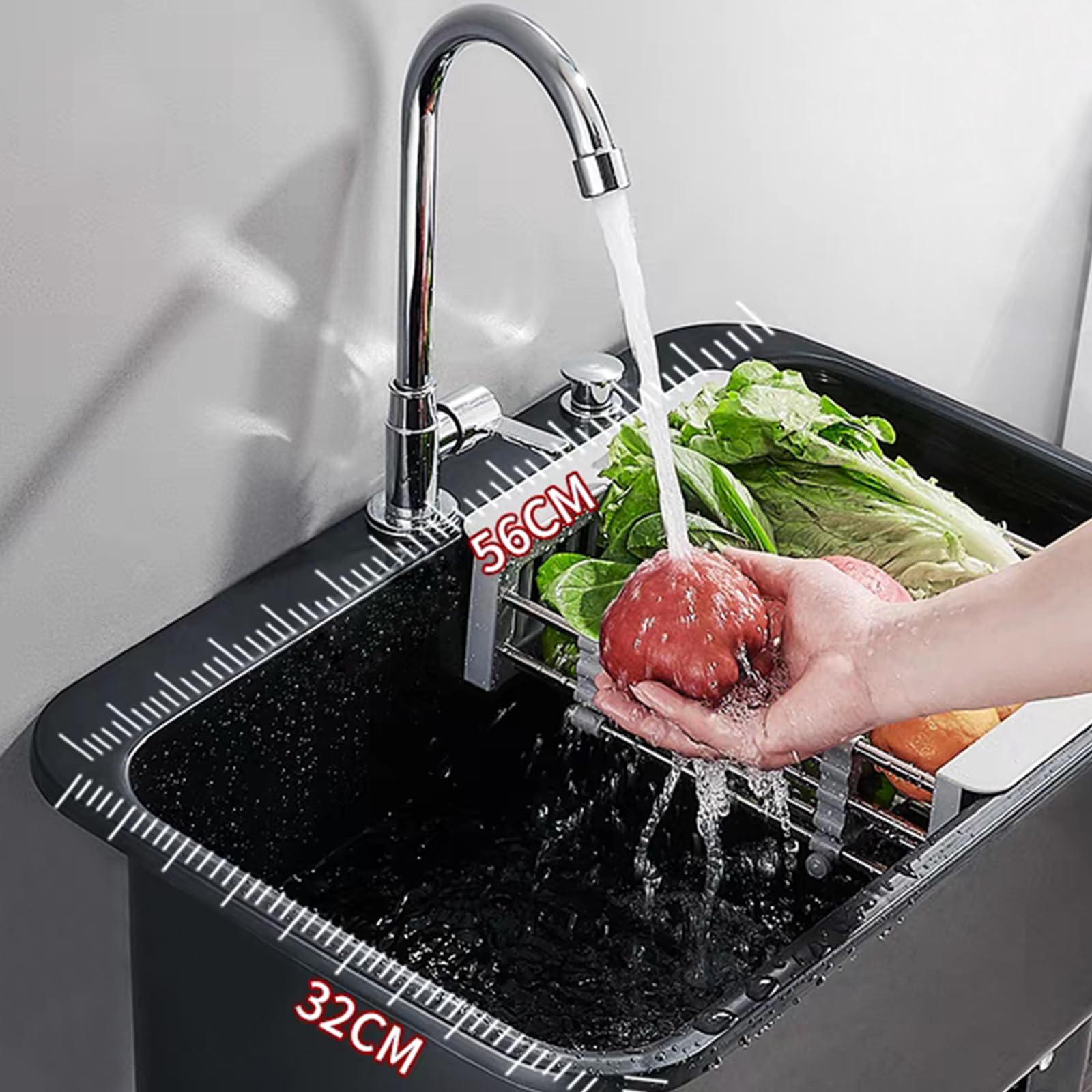 Freestanding Plastic Sink,Commercial Restaurant Kitchen Sink,Single Basin Kitchen Sink,with Faucet and Drainboard(40X40X76.5cm/15.7X15.7X30.1inch,black)