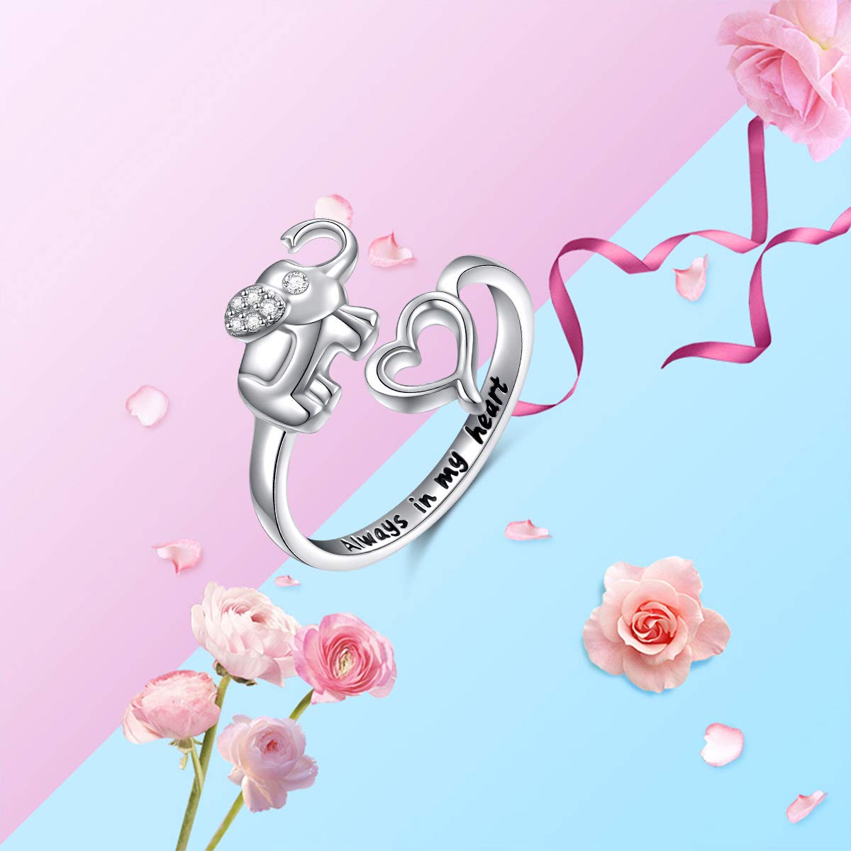 FLYOW Elephant Ring Sterling Silver Engraved Always in My Heart Lucky Elephant Adjustable Wrap Open Ring for Women, Size 7