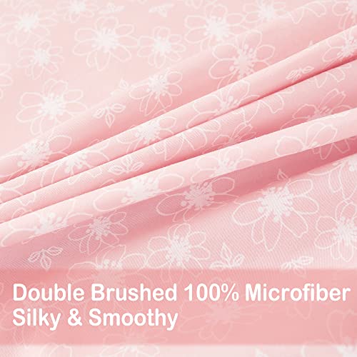 Floral Sheet Set Flower Full Size Sheet Sets, Brushed Microfiber Patterned Fitted Sheet with 15" Deep Pocket for Double Bed, Coral Pink Flower, 4 piece Sheet & Pillowcases Set