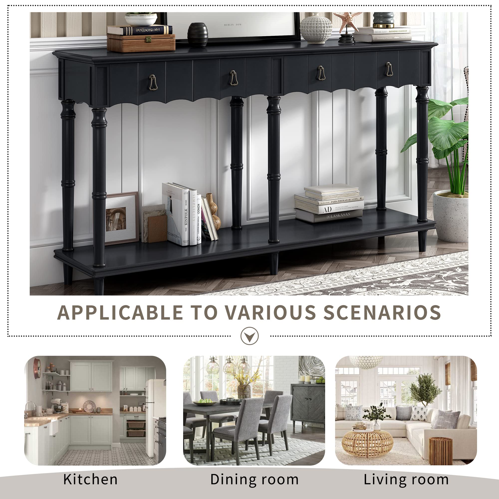 Fuhomtre Modern Console Table with Drawers, Sofa Table, Black Wood Entryway Table, for Couch Hallway Living Room Bedroom Foyer with 4 Front Facing Storage Drawers and 1 Sh