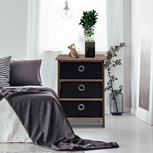 NO MORE TAG Nightstand with 3 Fabric Drawers, Fabric Dresser, Fabric Night Stand, Bedside Table for Small Place, Bedroom, Wood Top&Easy Pull Fabric Bins, Brown & Black