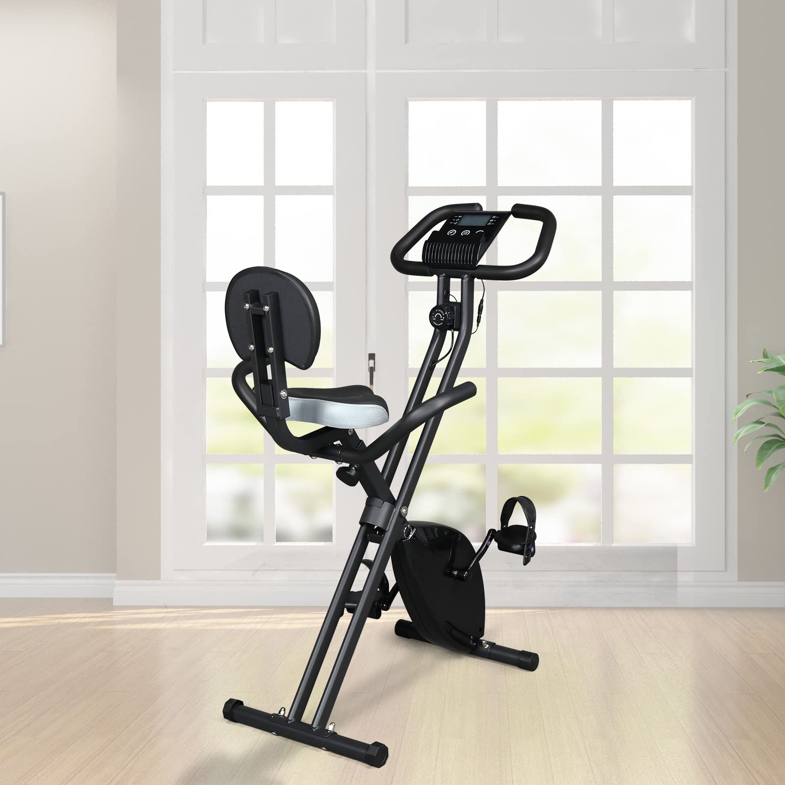 Foldable Exercise Bike Stationary Bikes Cycling Workout Machine for Fitness & Cardio Exercise for Home Indoor Cycle w/LCD Display, 8 Level Resistance, Adjustable Height & Comfortable Handle, BLACK