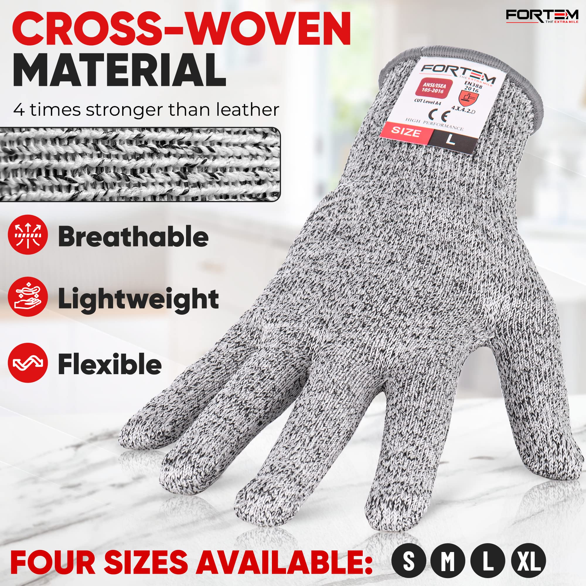 FORTEM Cut Resistant Work Gloves, 4 Gloves, Level 5 Protection, Food Grade, EN388 Certified, Protective, Durable Grip PU Coated Palm (Medium)