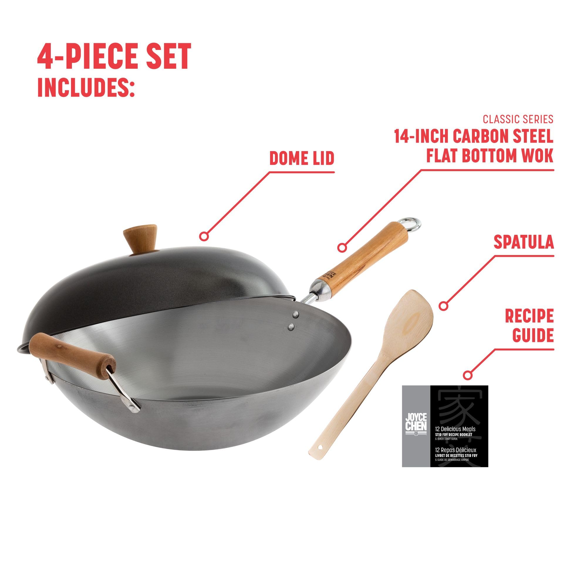 JOYCE CHEN Classic Series 14-Inch Uncoated Carbon Steel Wok Set with Lid and Birch Handles, 4 Pieces