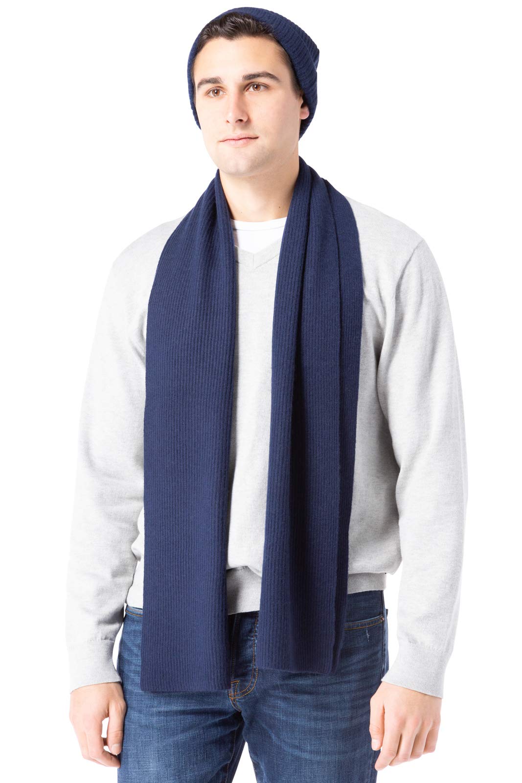 Fishers Finery Men's 100% Cashmere Ribbed Knit Hat and Scarf Set; Gift Box (Nvy)