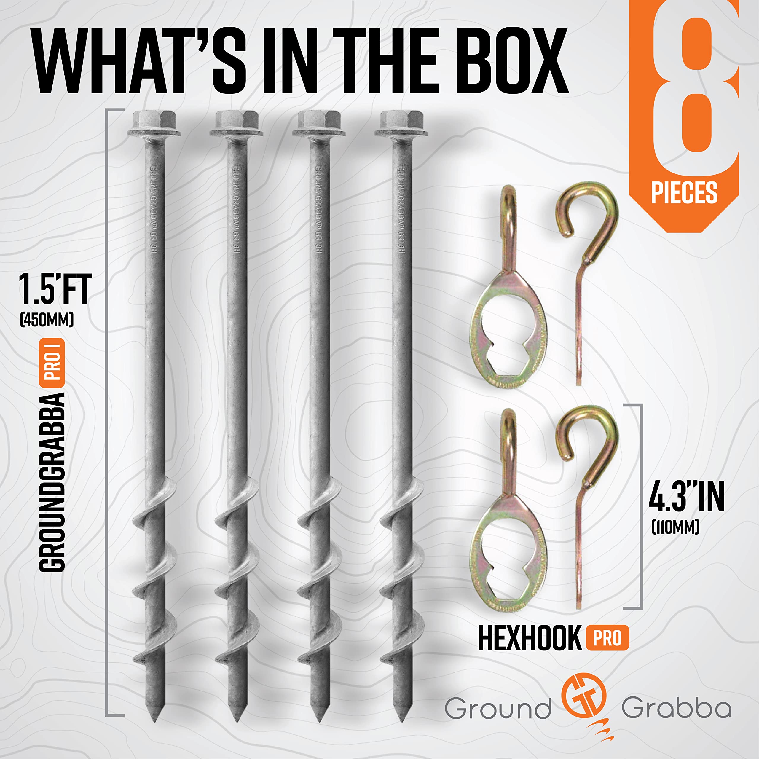 GROUNDGRABBA Screw in Tent Stake and Hexhooks for Normal to Hard Ground | Premium Drill Driven Ground Anchor Earth Screws | 4X GroundGrabba Pro Stakes and 4X GroundGrabba HexHook Pro