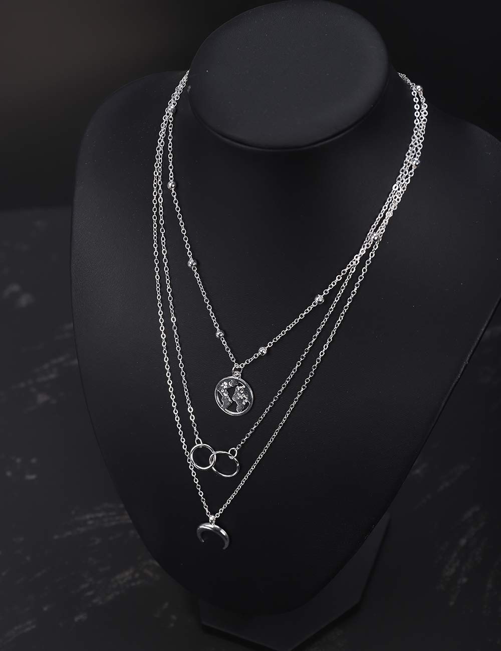 fxmimior 2 Tier Boho Dainty Layered Necklace Moon Necklaces Map Pendant Silver Gold Jewelry Stackable Choker Necklaces for Women and Girls (Silver)