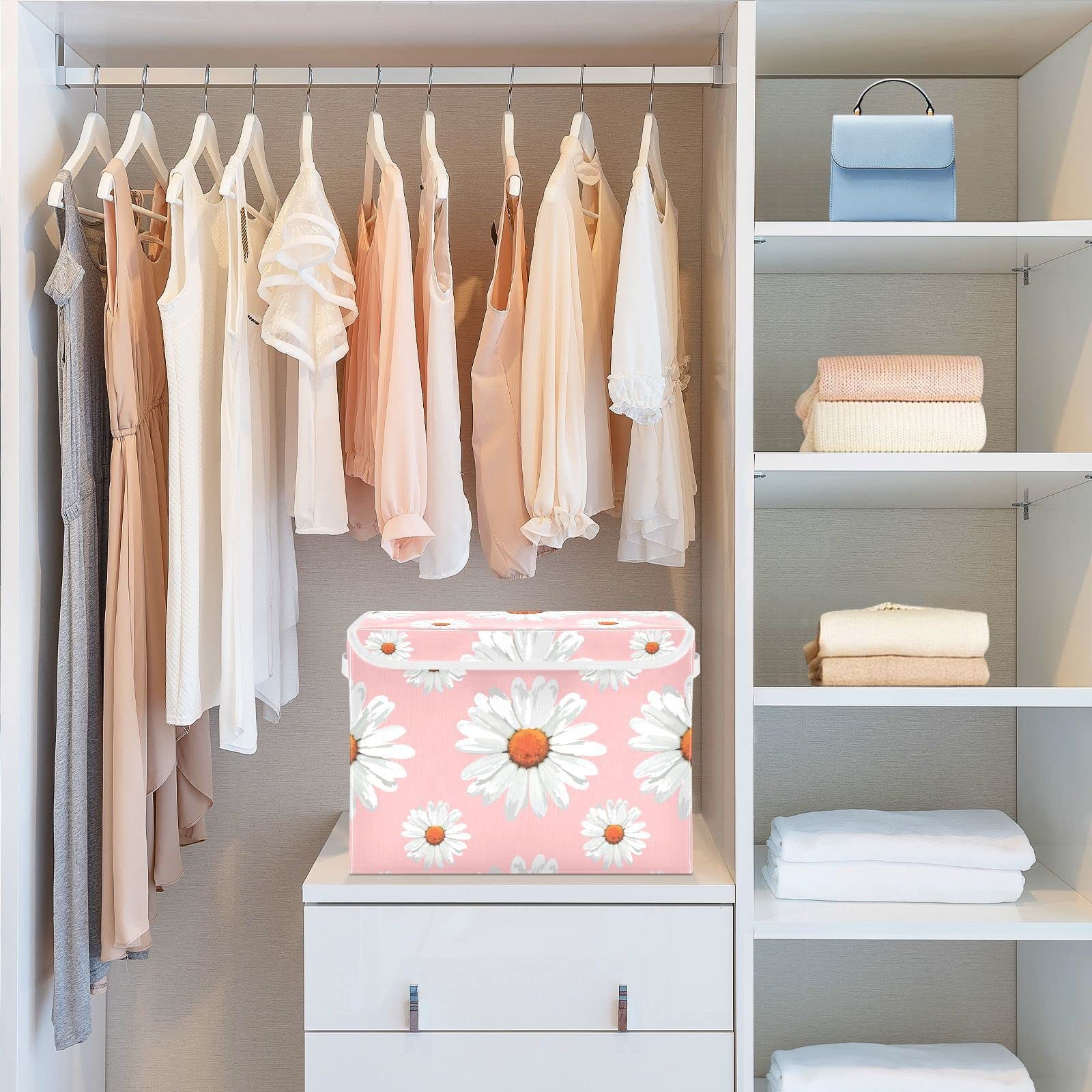 GUIJI Chamomiles Pink Fabric Storage Bins with Lids and Handle,Foldable Storage Bins with Lids,Closet Organizers for Clothes Storage,Room Organization, Office Storage, Chest Organizer