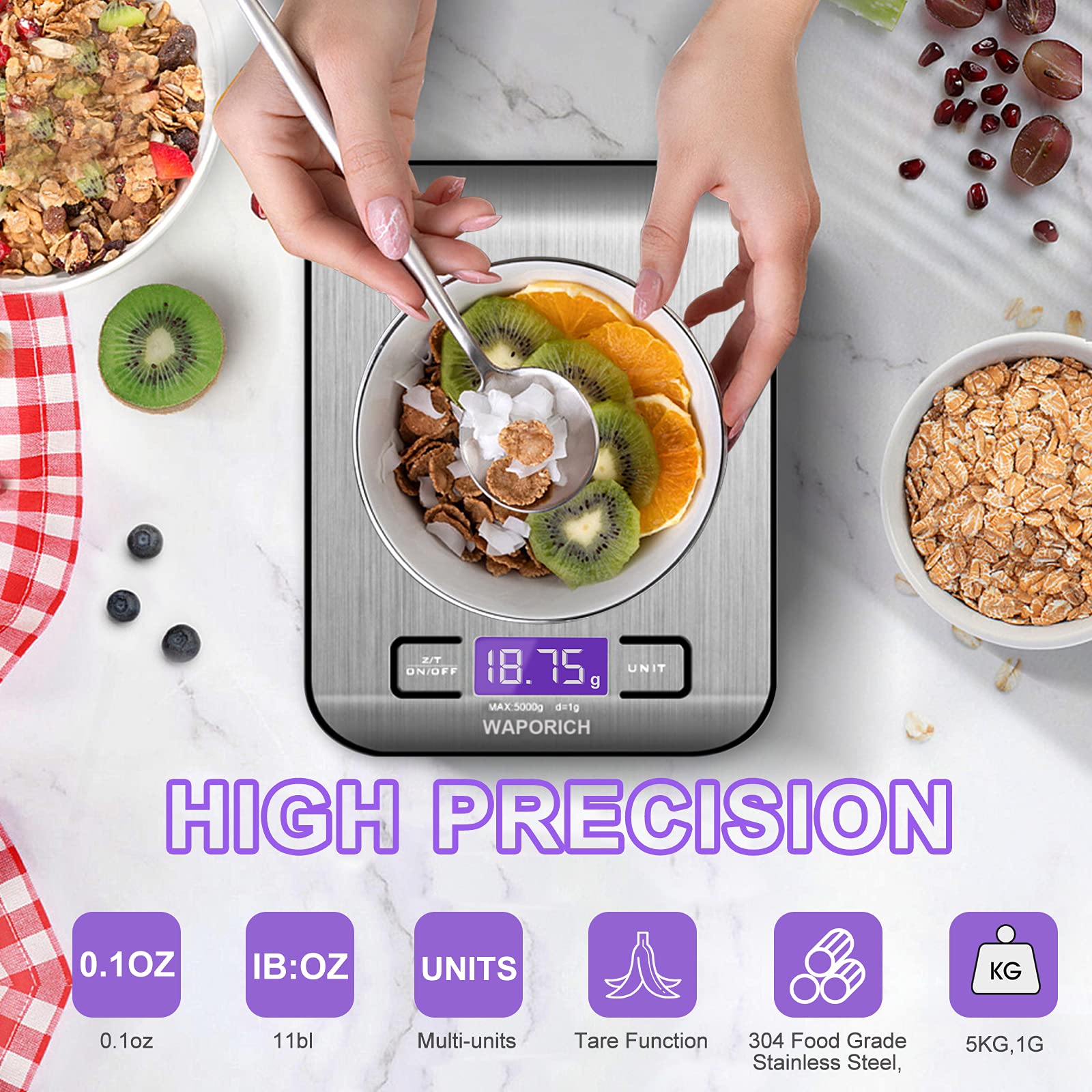 Food Kitchen Scale, Digital Grams and Ounces, 11 l b Digital Food Scale Kitchen Scales, Tare Function, 1g/0.1oz Precise Graduation, 304 Stainless Steel