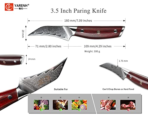 YARENH Bird's Beak Paring Knife - 67-Layer Damascus Steel - Super Sharp Blade for Peeling Fruit - African Sandalwood Handle