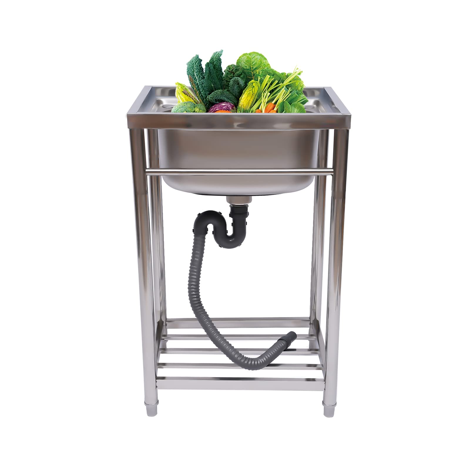 Free Standing Stainless-Steel Single Bowl Commercial Restaurant Kitchen Sink Set w/Drainboard, Prep & Utility Washing Hand Basin w/Storage Shelves Indoor Outdoor