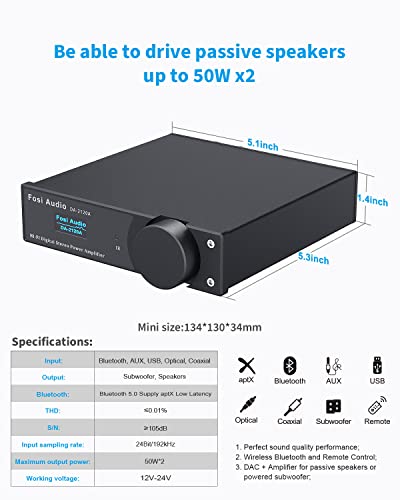 Fosi Audio DA2120A Bluetooth 5.0 2.1 CH DAC Amplifier Stereo Receiver Audio Hi-Fi Support aptX Integrated Class D Digital Power Amp for Passive Speakers Active Subwoofer with Remote Control