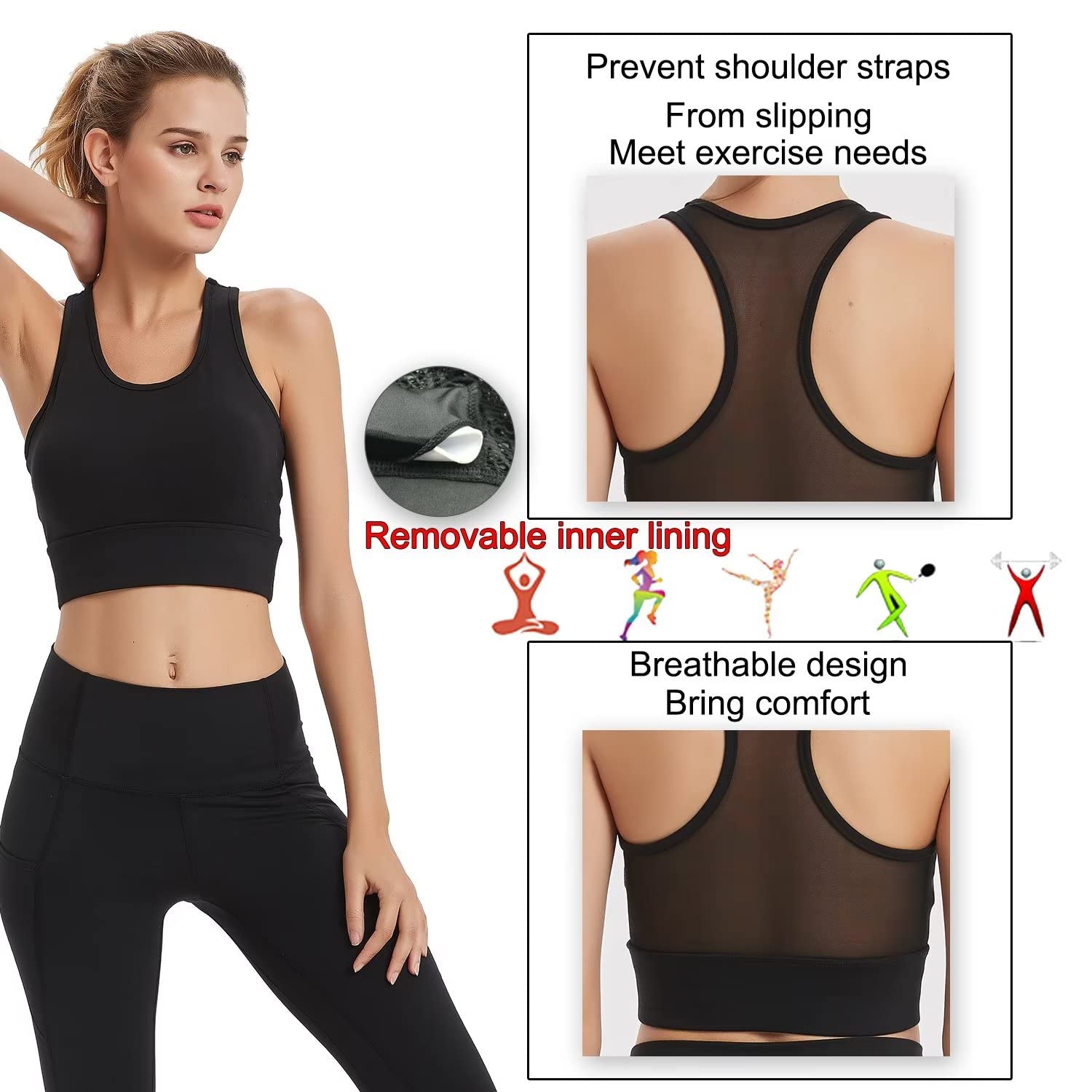 GruDawu Sports Bras for Women High Impact Medium Support Padded Seamless Comfortable Yoga Bra with Removable Cups WX2021-Black-XL