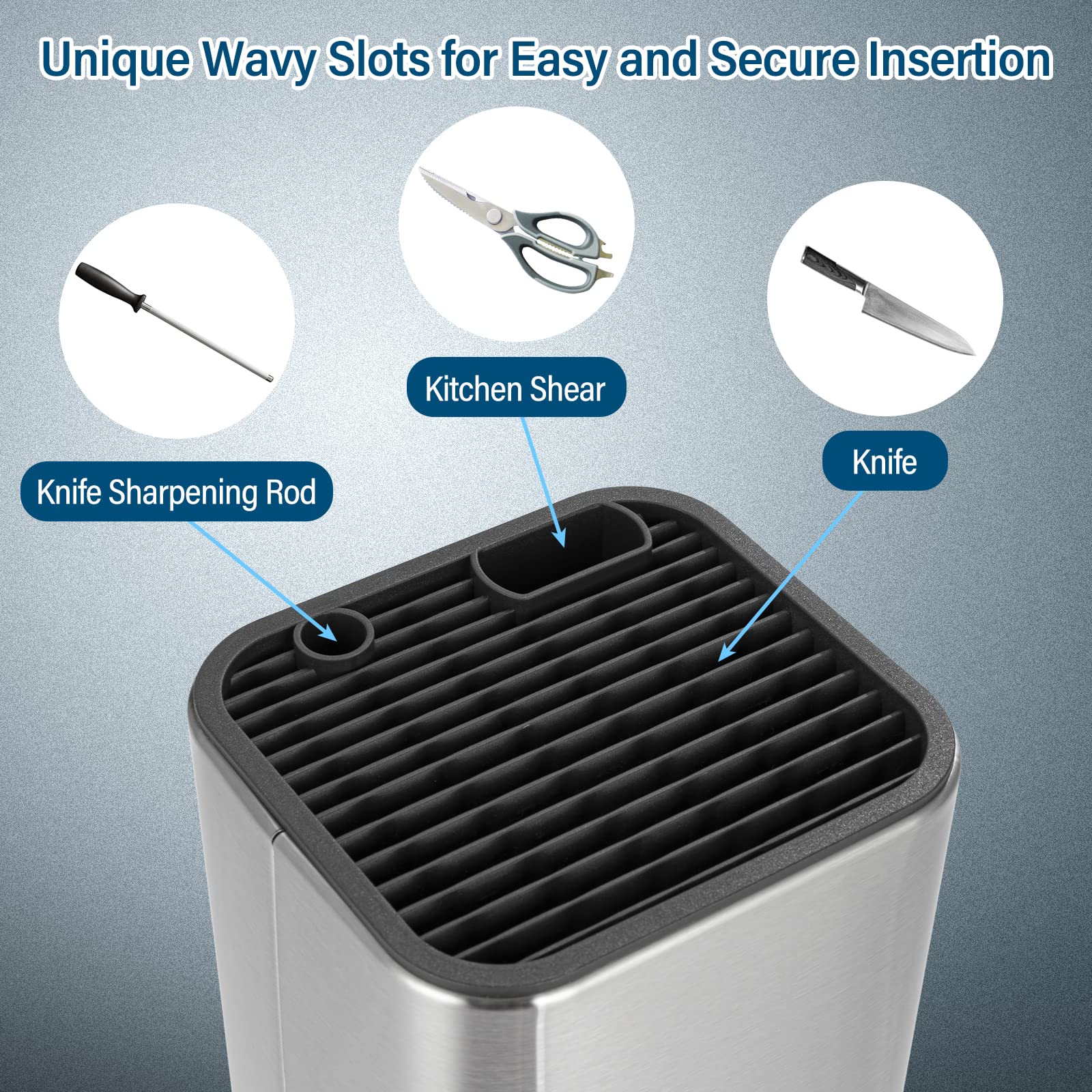 Sumteene Universal Knife Block, Knife Holder without Knives, Stainless Steel Knife Storage Block for 3.5" to 8" Knives, with Slots for Scissors and Sharpening Rod,for Kitchen Counter
