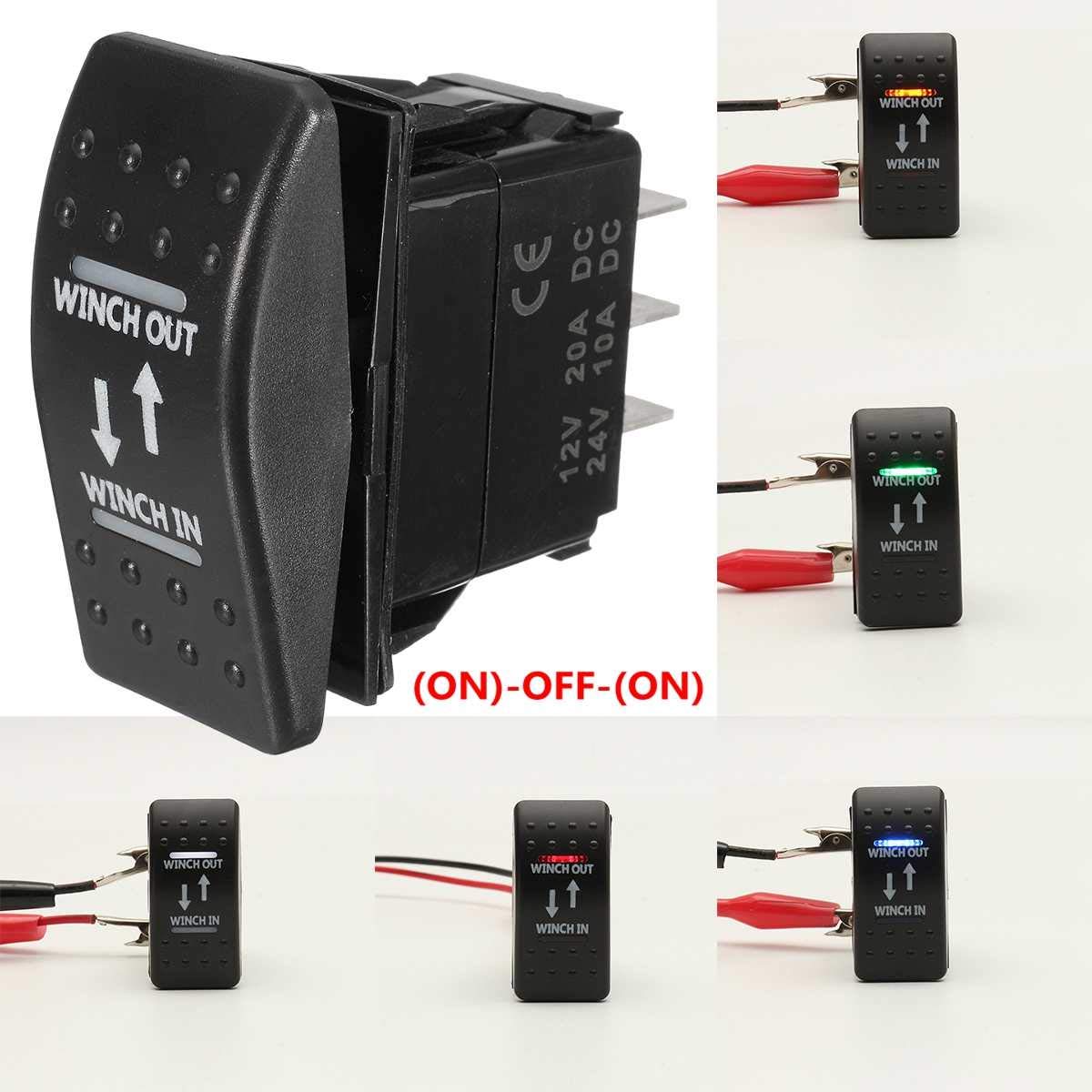 Fincos 12V 20A Winch in Winch Out (ON)-Off-(ON) Rocker Switch Momentary LED 7-Pin - (Color: Red)