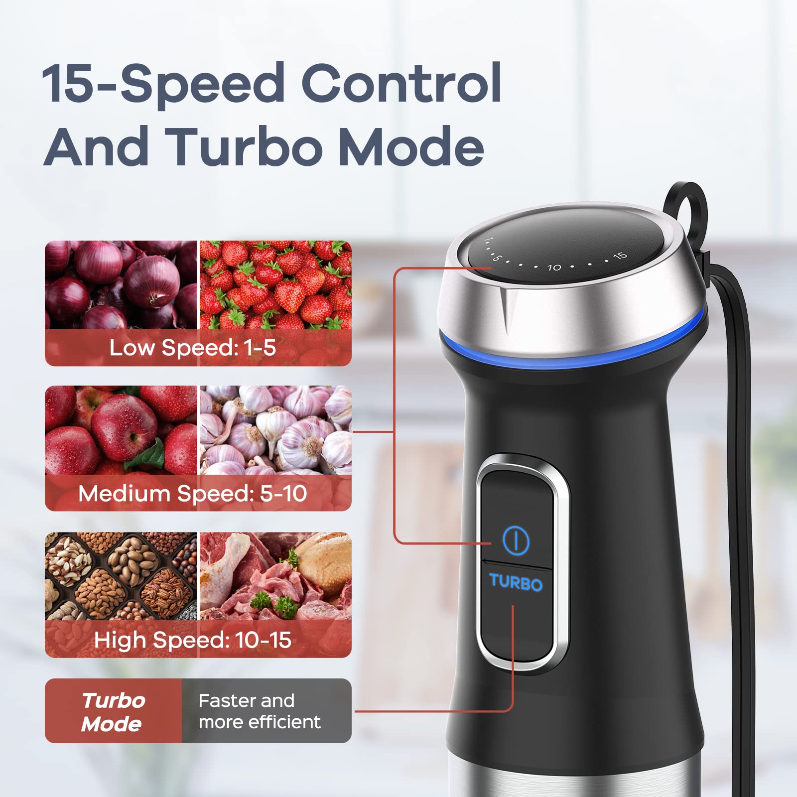 Ganiza Immersion Blender 7 in 1 Hand Blender 800W Heavy Duty Motor, 15 Speed and Turbo Mode Handheld Blender Stainless Steel Sitck Blender With 1500ml Food Processor and Other 6 Pieces