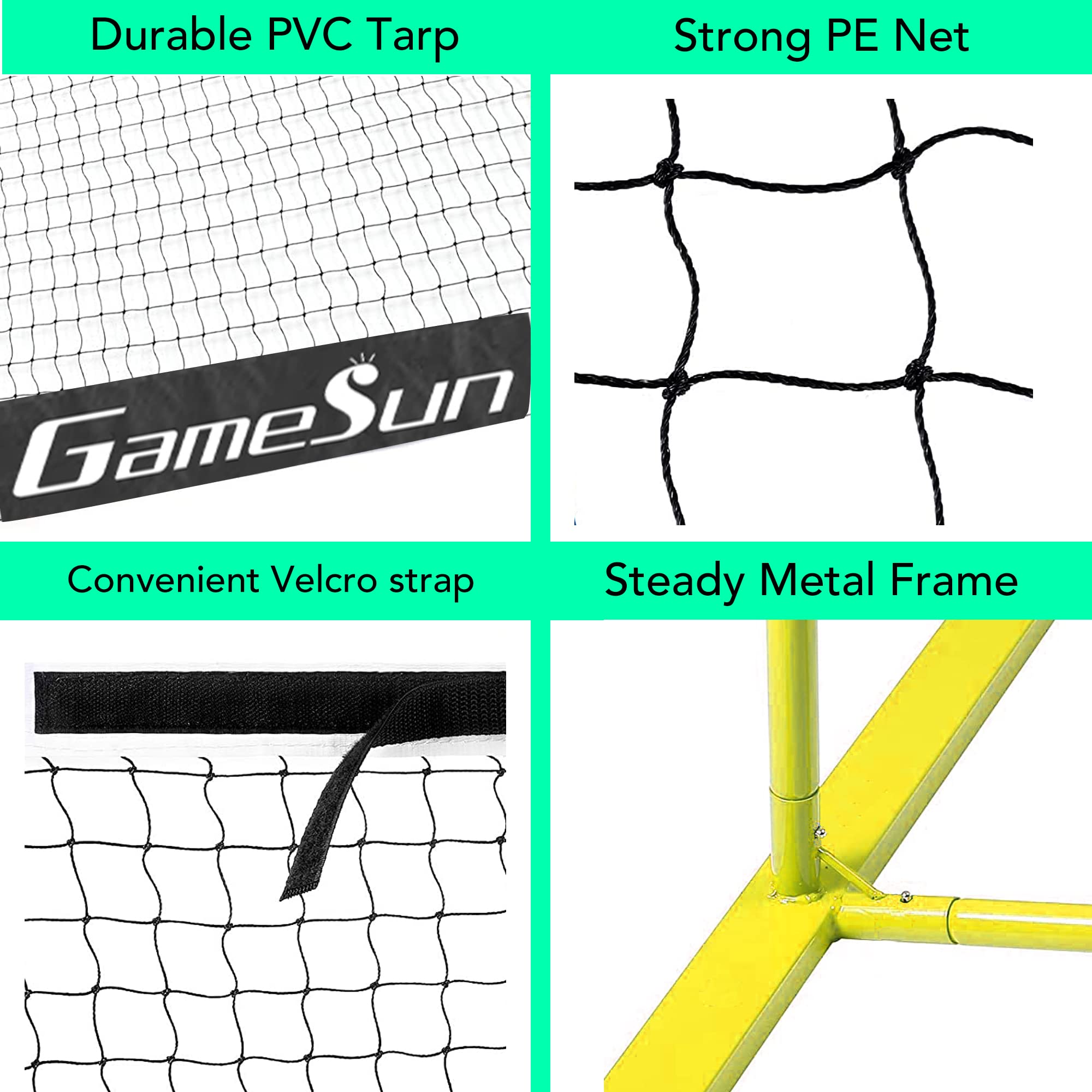 GAMESUN Complete Pickleball net Set for Outdoor, Indoor, Backyard use, Includes Metal Frame, 22 Feet PE net, Paddles, Balls ,Carry Bag