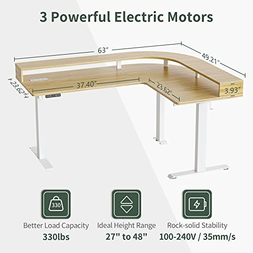 FEZIBO Triple Motor L Shaped Stadning Desk with LED Strip & Power Outrlets,63 inches Height Adjustable Stand up Corner Desk with Ergonomic Monitor Stand, White Frame/Natural Top