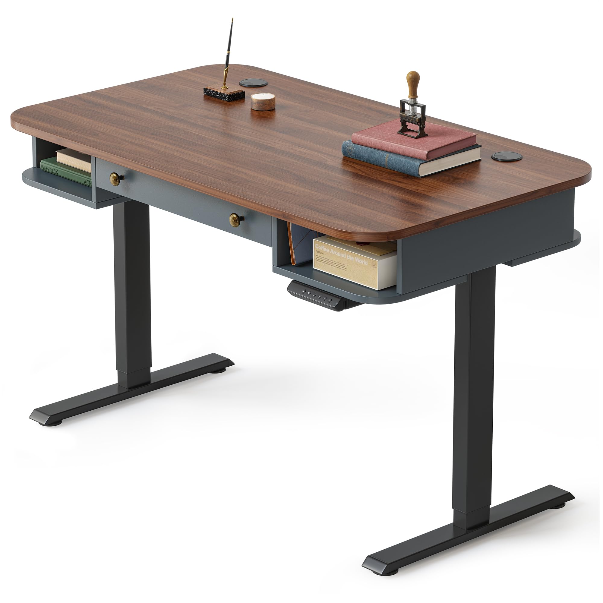 FEZIBO Whole Piece Mid Century Modern Electric Standing Desk with Drawer and Open Storage, 48 x 24 Inches Sit Stand Home Office Desk, Haze Blue Walnut(2 Packages)