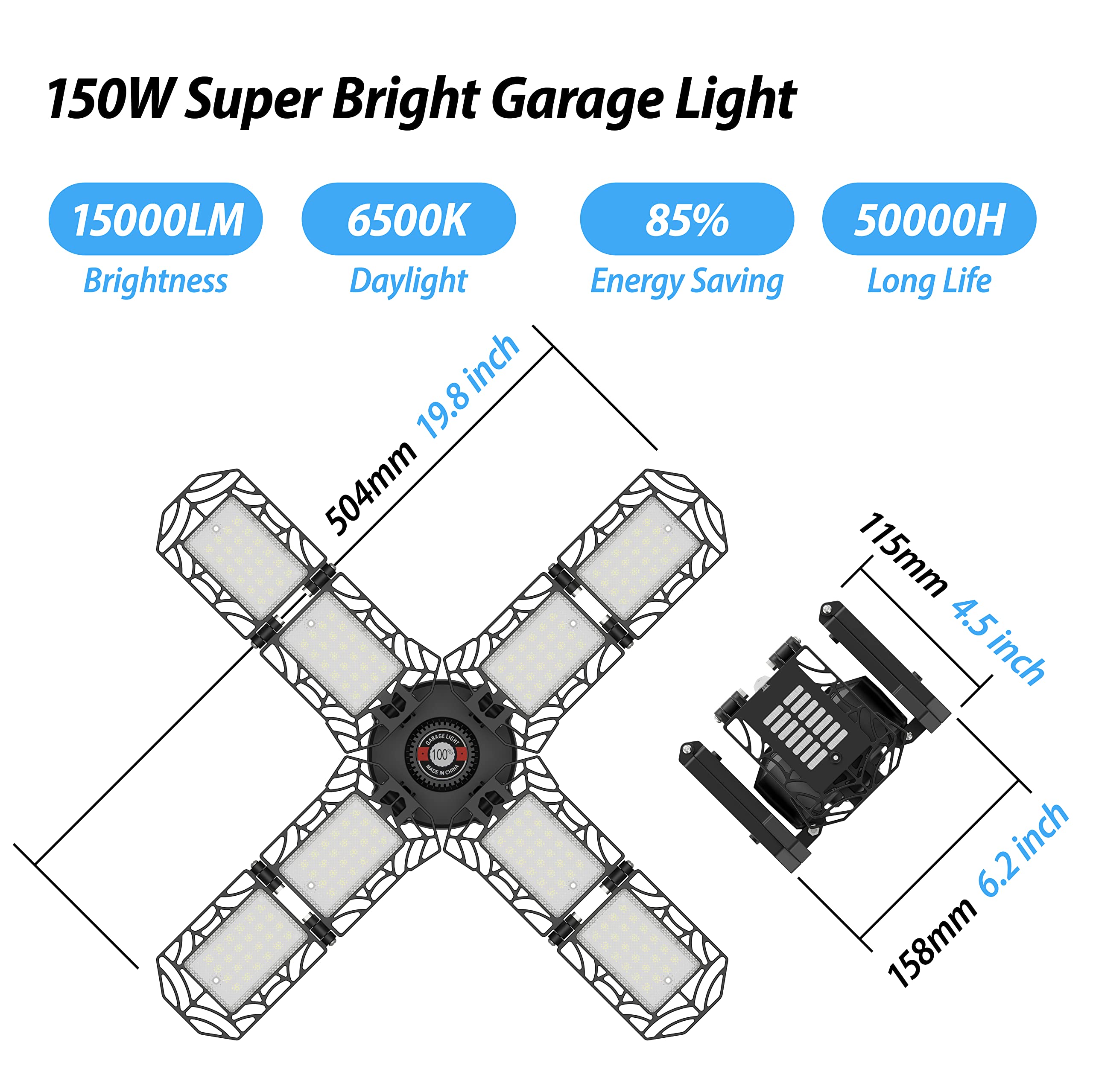 Garage Light, 150W LED Garage Light 15000LM 6500K Deformable Led Garage Lights with E26/E27 Screw Socket, Led Ceiling Light for Warehouse Attic Garage