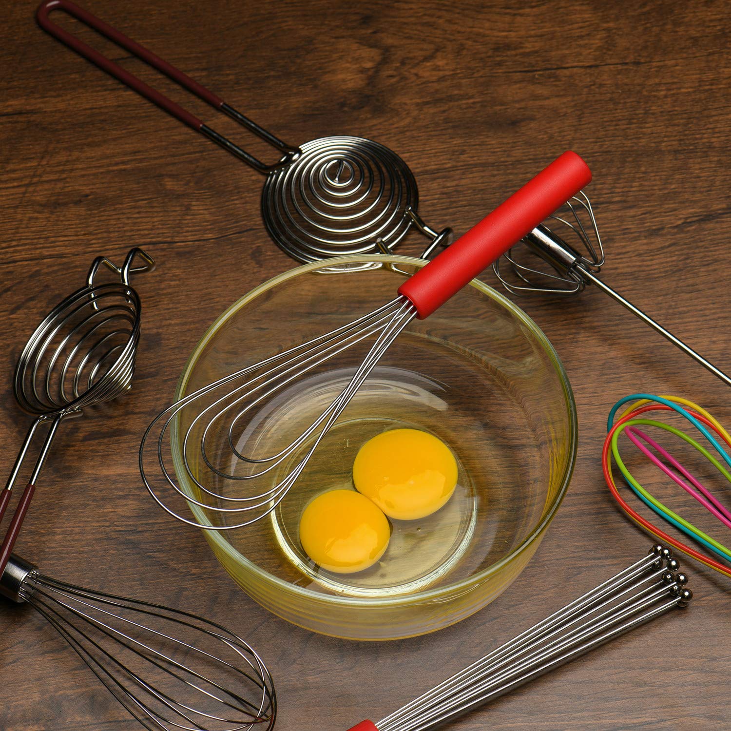 Flat Whisk Silicone Handle Non Slip 10" - 5 Wires Whisk with 10 Heads for Kitchen Cooking Color Red by Jell-Cell