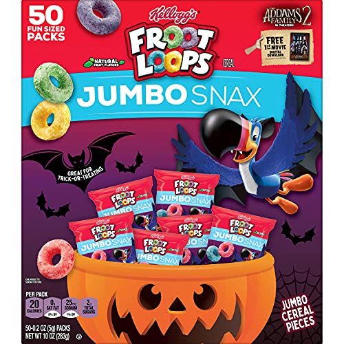 Froot Loops Jumbo Snax Cereal Snacks, Kids Halloween Snacks, Halloween Trick or Treating, Original, 10oz Box (50 Pouches)