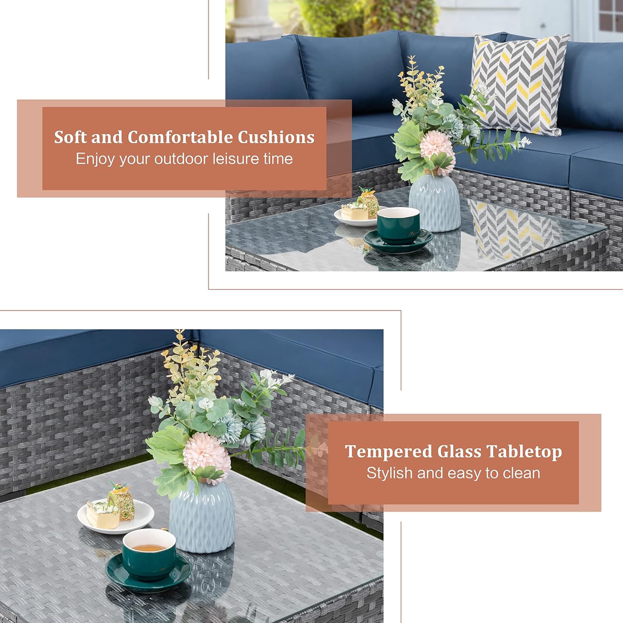 Walsunny Patio Furniture Set, 5 Pieces Outdoor Sectional Sofa Wicker Conversation Sets with Tea Table and Patio Couch Cushions(Aegean Blue)