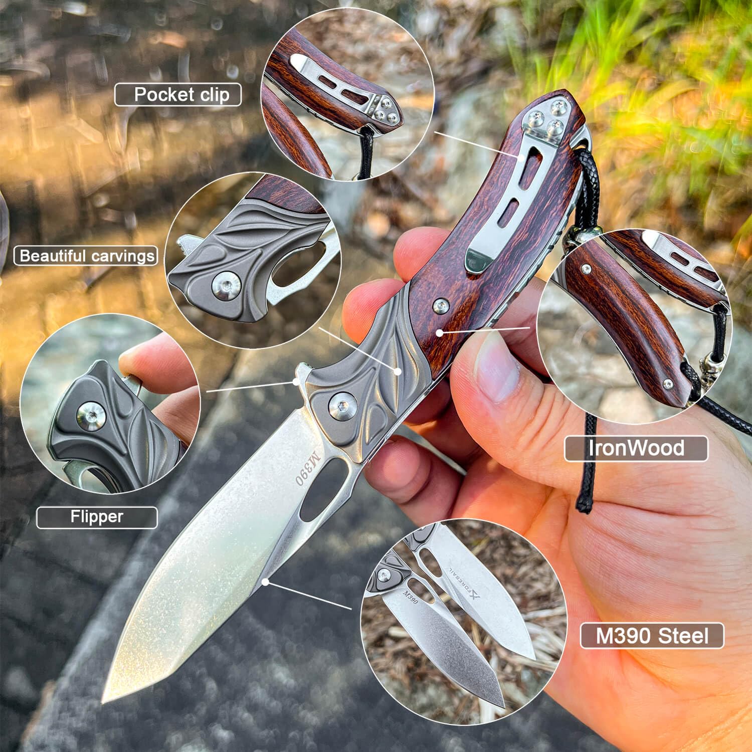 FORESAIL Folding Pocket Knife, 3.26" M390 Steel Blade Desert Ironwood Handle Small EDC Knife with Pocket Clip and leather case,Camping Survival Hiking Tool (Raffir Handle)