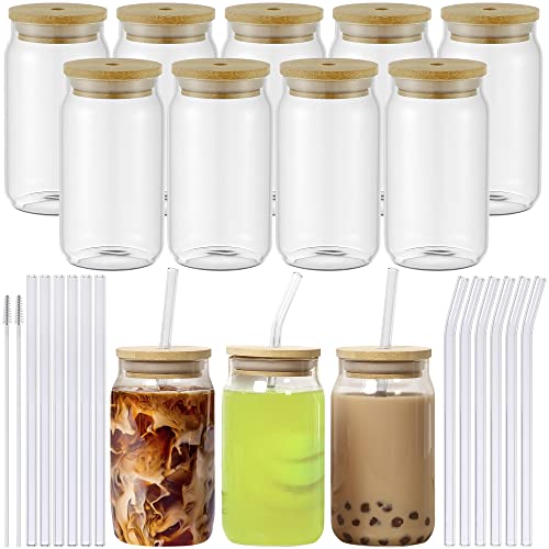 Houseables Glass Cups With Lids And Straws, Reusable Iced Coffee Glasses, 16oz, Set Of 12, Can Shaped Cute Tumbler, Bamboo Lid, For Drinking, Smoothie, Tea, Cocktail, Cold Brew, Soda, Travel Cup