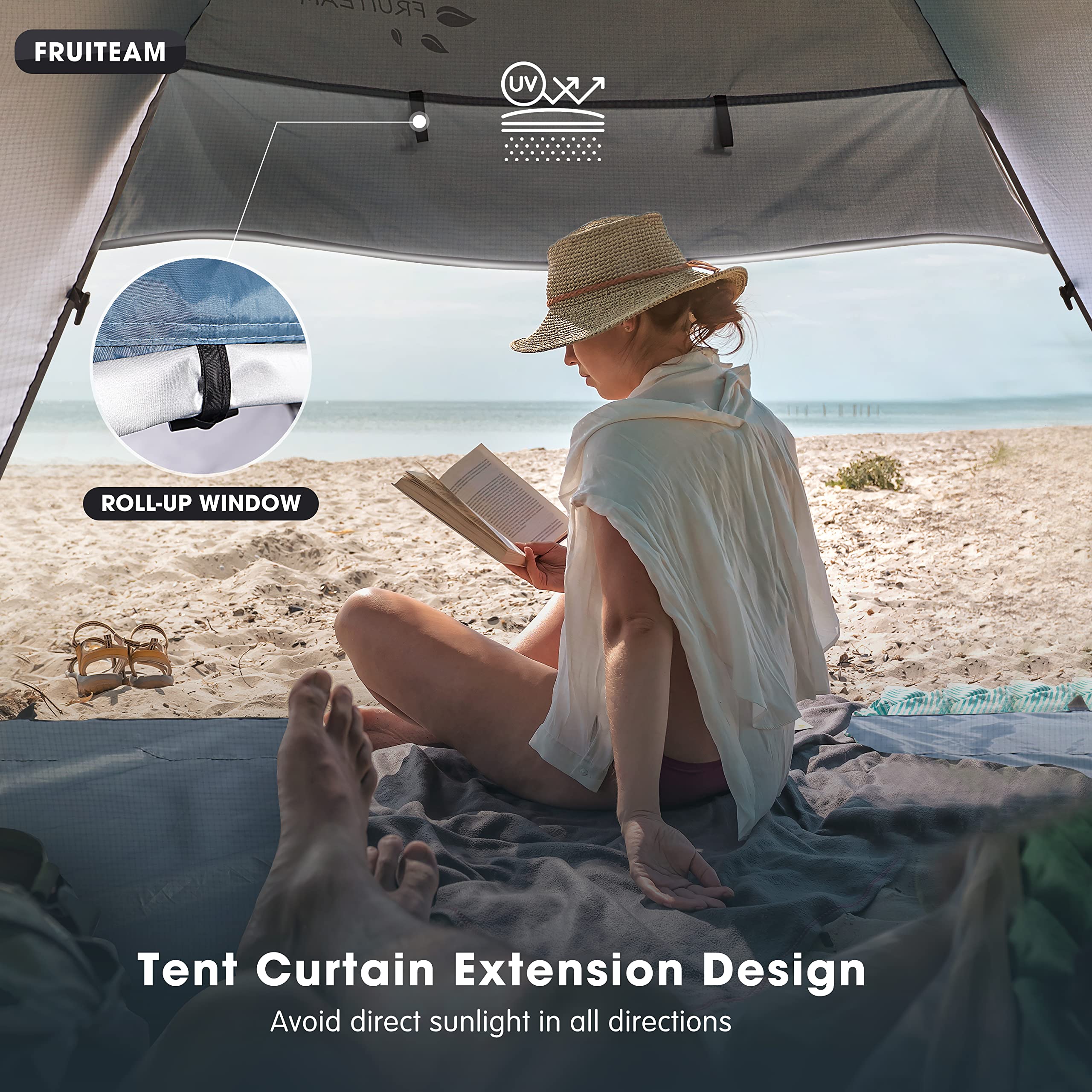 FRUITEAM Pop Up Beach Tent Sun Shelter for 3-4 Person with UV Protection for Camping/Outdoor/Beach, Blue