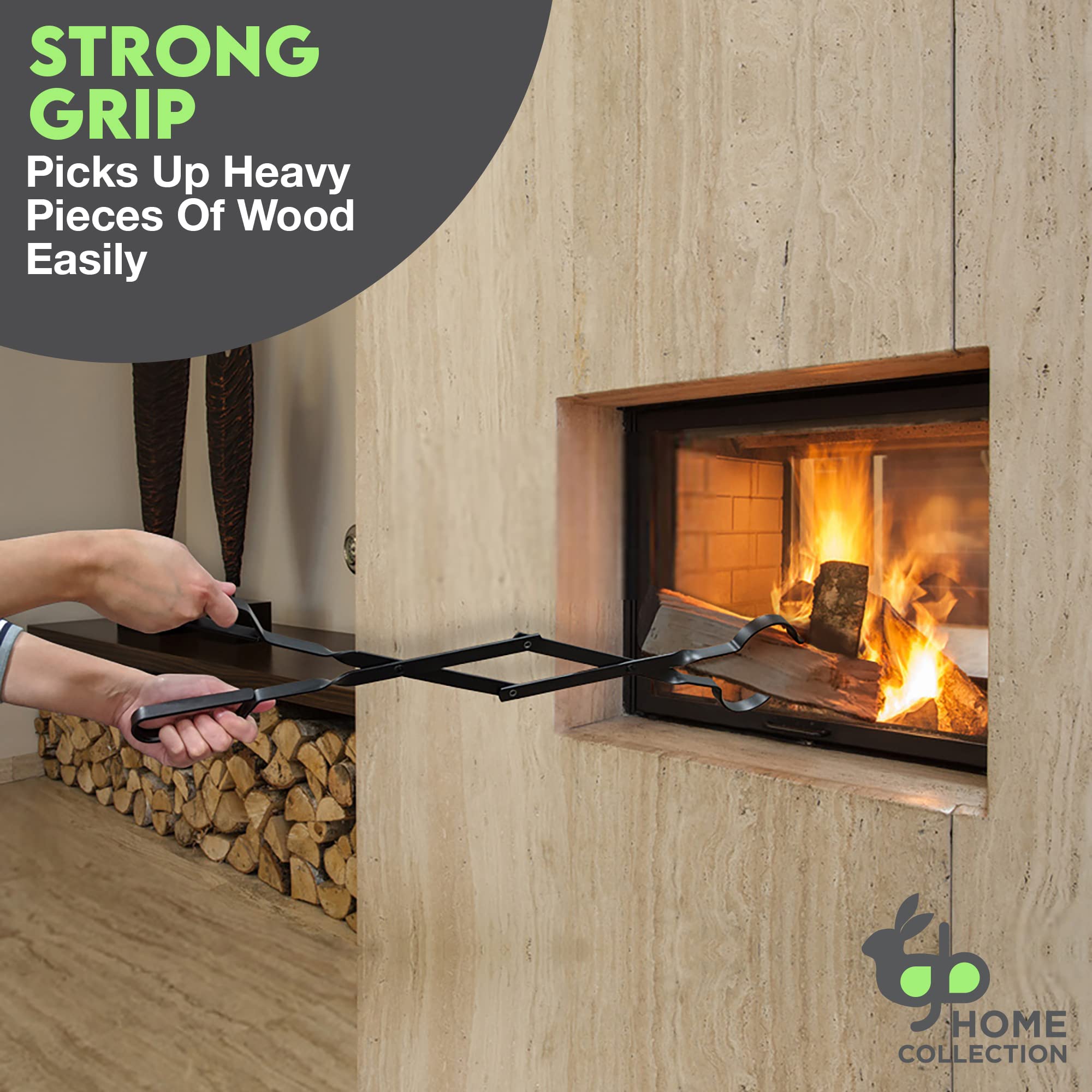gb Home Collection Heavy Duty Cast Iron Fireplace Tongs, Log Grabber, Log Tweezers, Log Claw Fireplace Accessory for Indoor Outdoor