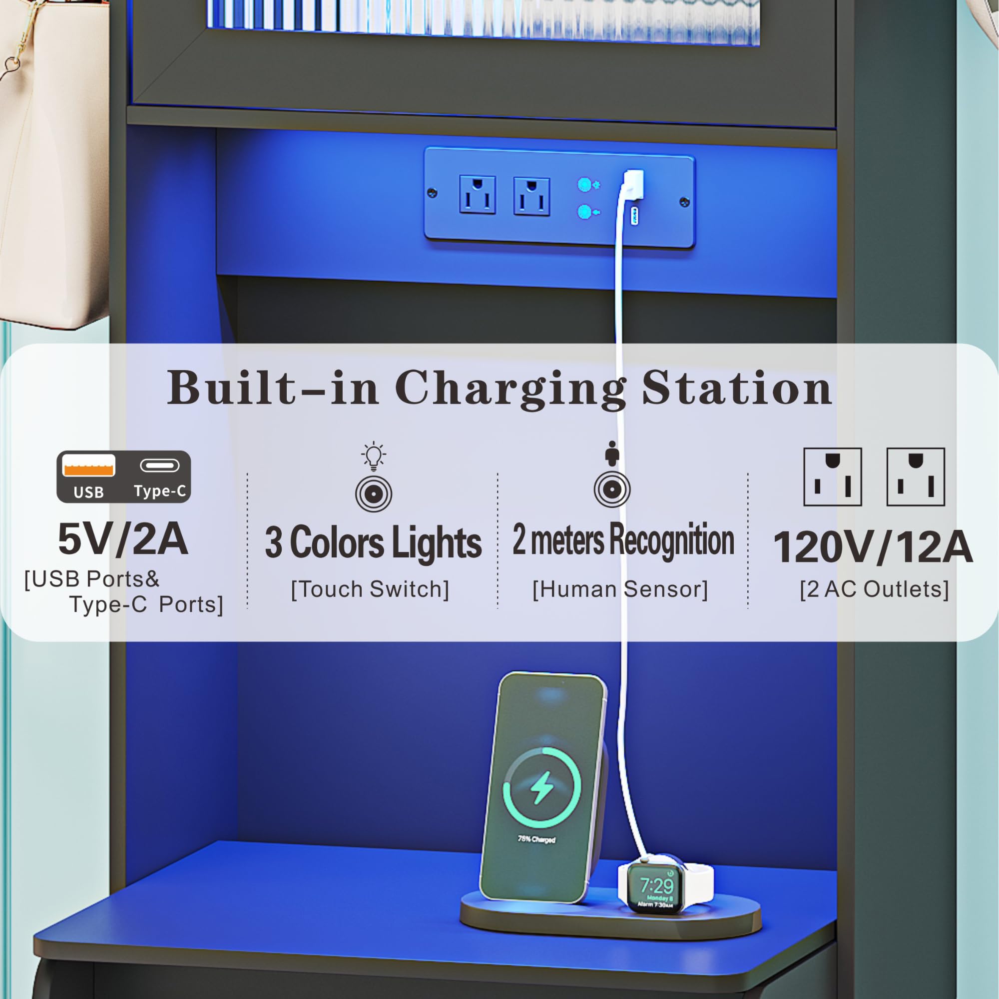 FREDEES Human Sensor LED Vanity Set with Charging Station, Makeup Vanity Desk with Plip-up Vanity Mirror, Large Capacity Dressing Table Suitable for Bedroom Bedside Table Nightstand(Black)