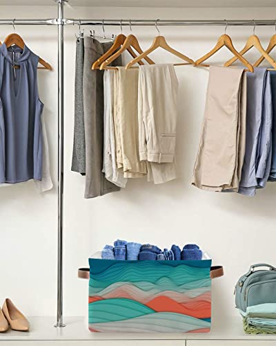 Geometric Mountain Range Storage Baskets for Organizing, Orange Teal Ombre Line Abstract Art Fabric Storage Bins for Shelf, Collapsible Cube Bin with Handles for Closet(15''x11''x9.5'')