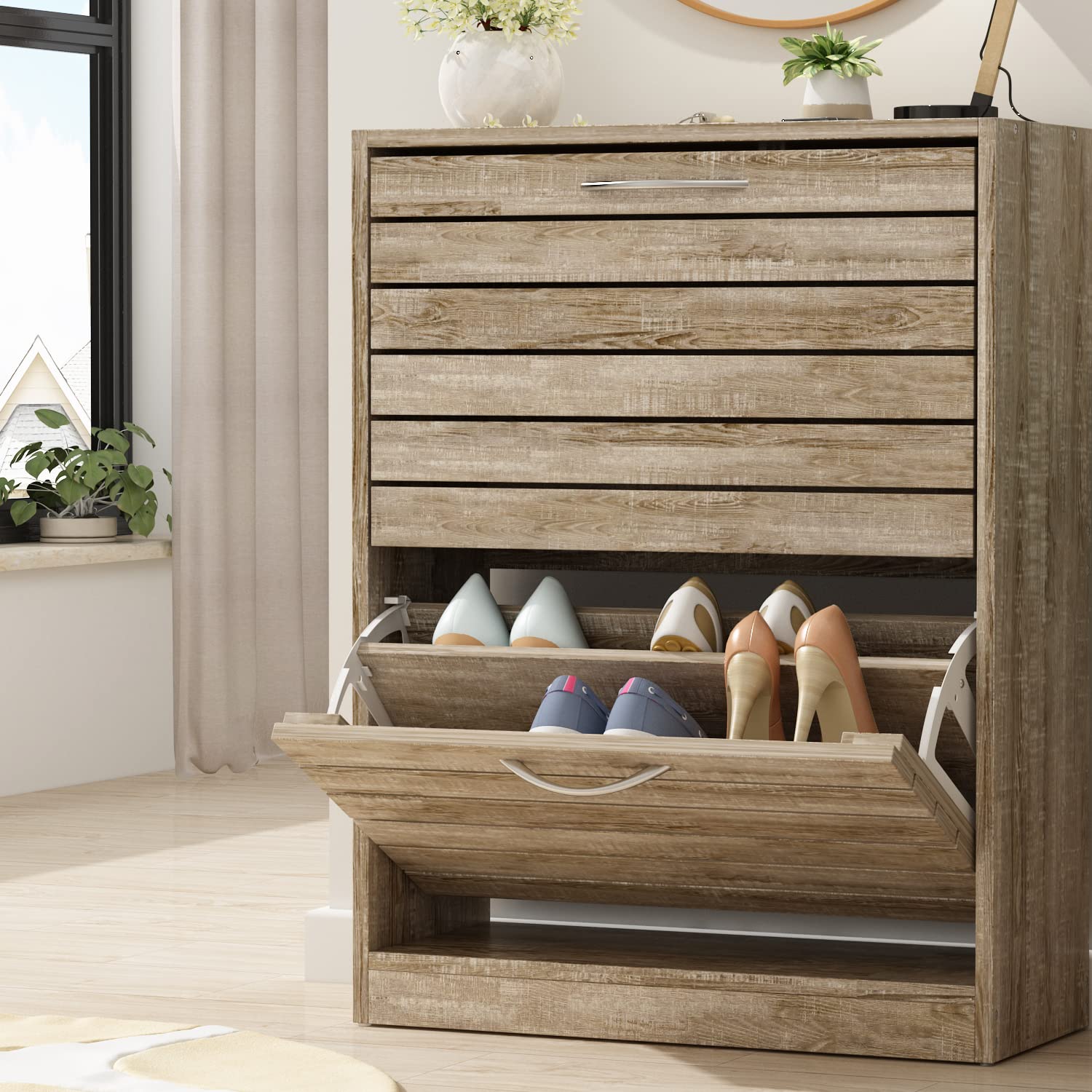 FUFU&GAGA Shoe Storage Cabinet with 2 Flip Drawers for Entryway, Modern, Freestanding Rack Organizer (22.4”W x 9.4”D x 29.5”H) (Light Brown)