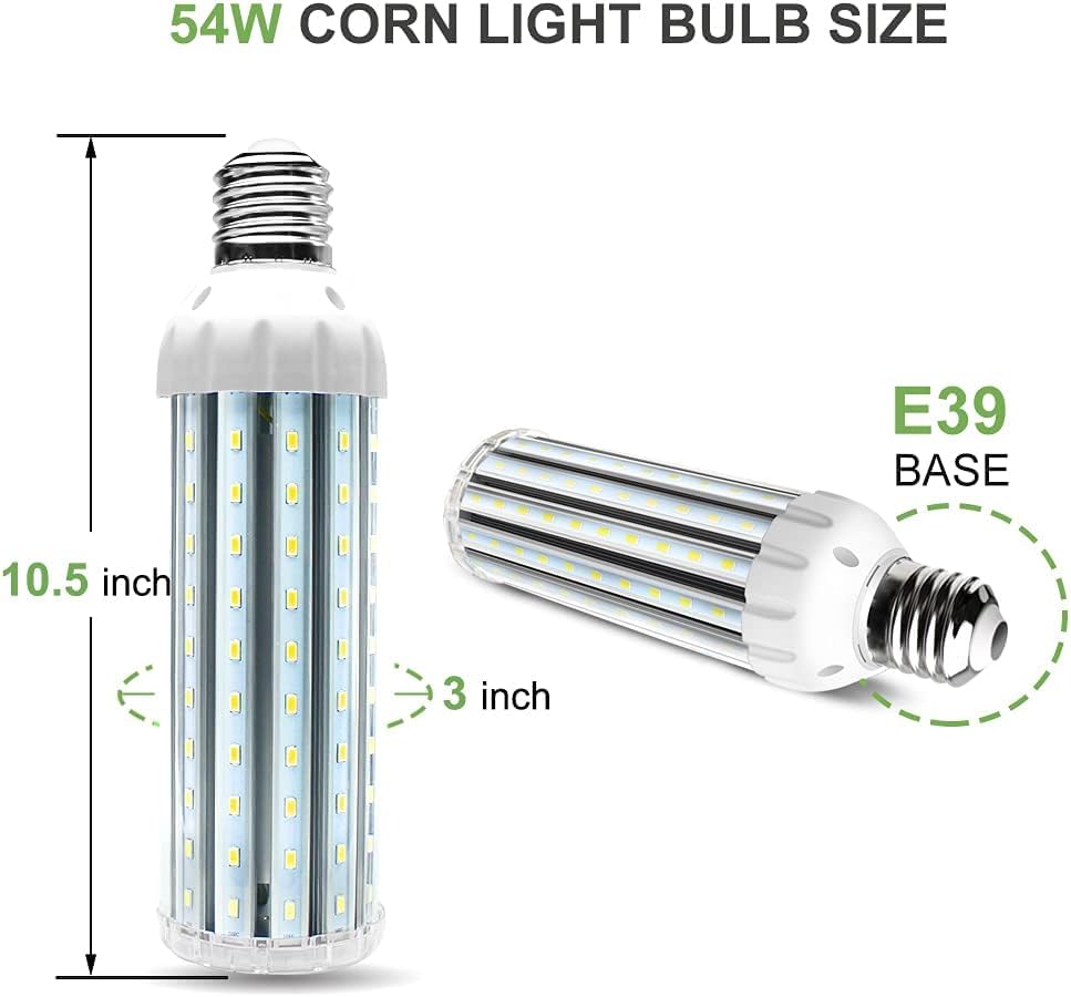 YGS-Tech Super Bright 54W LED Corn Light Bulb, E26/E39 Large Mogul Base, 6500K Daylight White, 400 Watt Equivalent for Indoor Large Area Lighting, Garage Factory Warehouse Backyard, HID, HPS