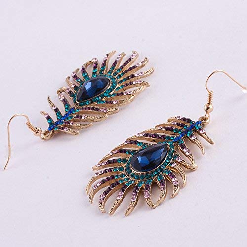 Frogwill Womens Crystal Hook Earrings Sparkling Rhinestone Peacock Feather Dangle Earrings (Blue)