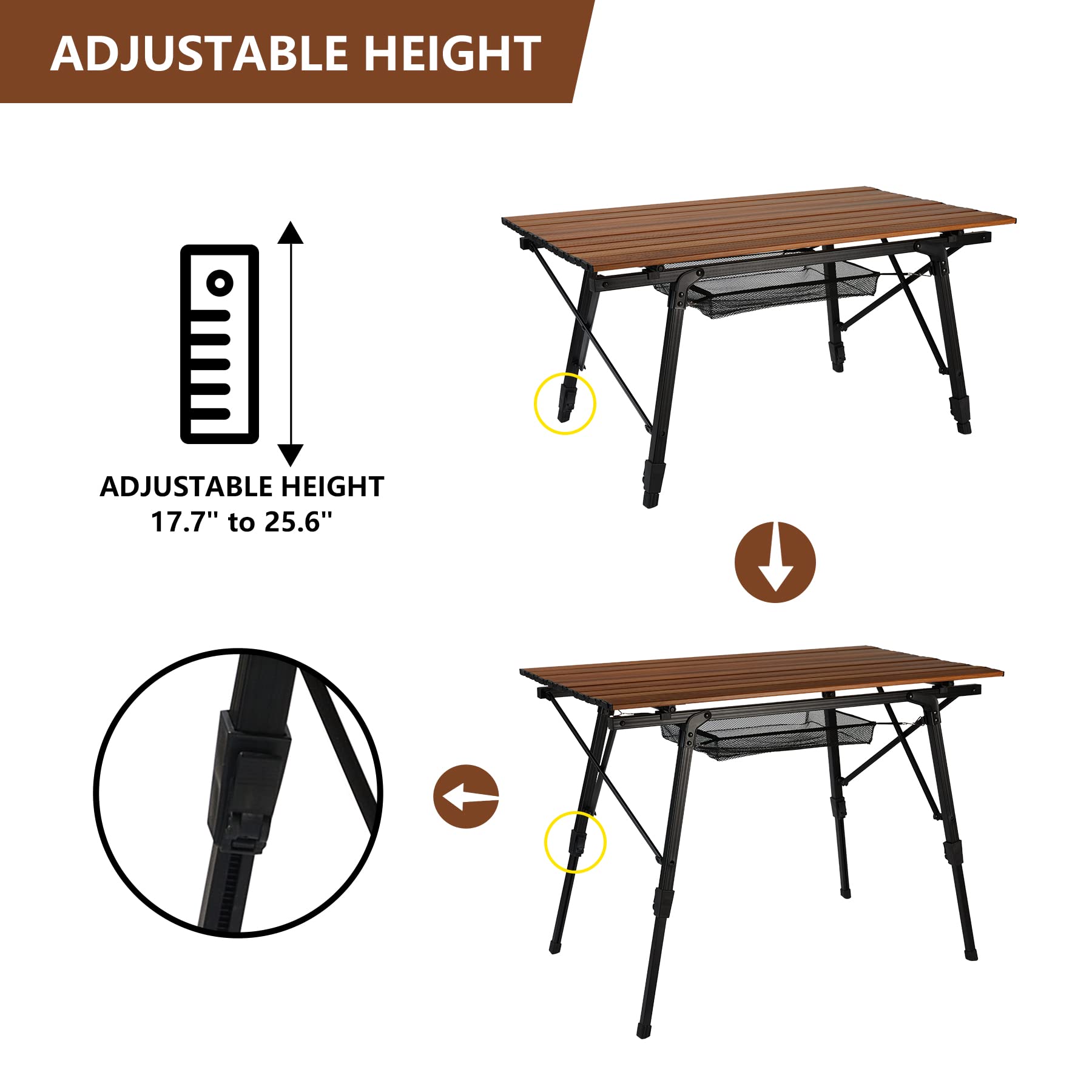 GARDIMAX Outdoor Camping Table Folding Picnic Table with Roll Up Table Top and Adjustable Aluminum Legs, Brown