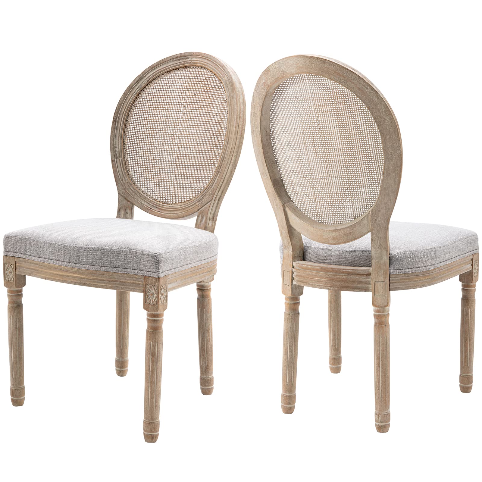 French Retro Dining Chairs Set of 2 Distressed Wood Chairs with Cane Mesh Round Back, Upholstered Seat Chairs for Dining Room/Living Room Kitchen (Gray)