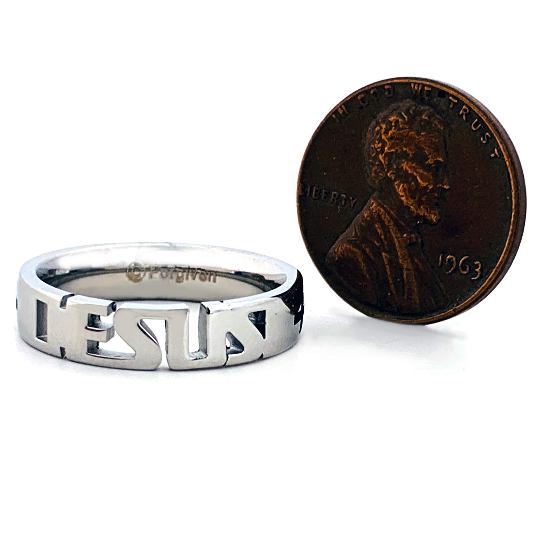 FORGIVEN JEWELRY RSJE1 JESUS Letters with Crosses Stainless Steel Ring Size 8-Christian Jewelry