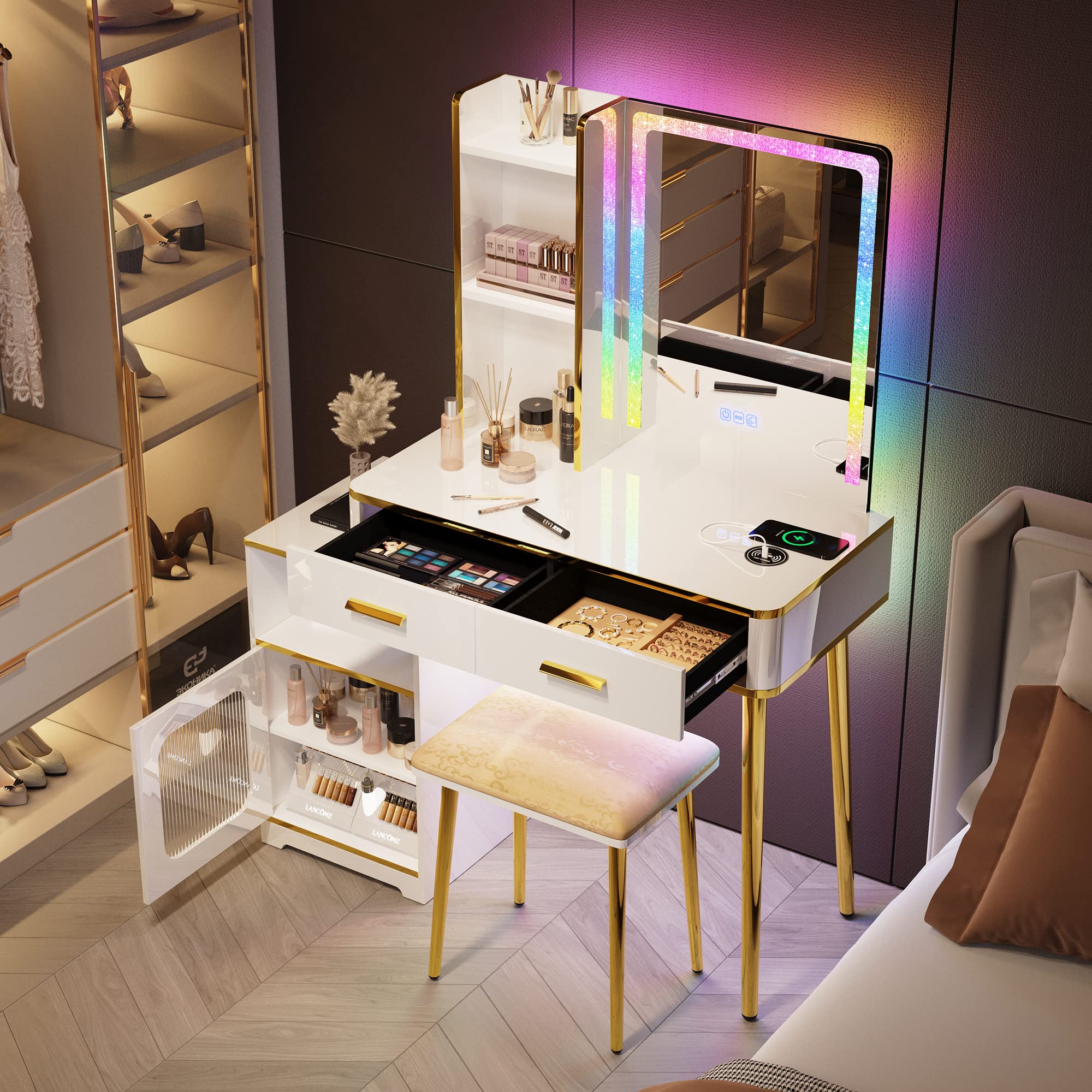 FREDEES Lighted Vanity Mirror Set with Touch Screen, Drawers, and Stool - White