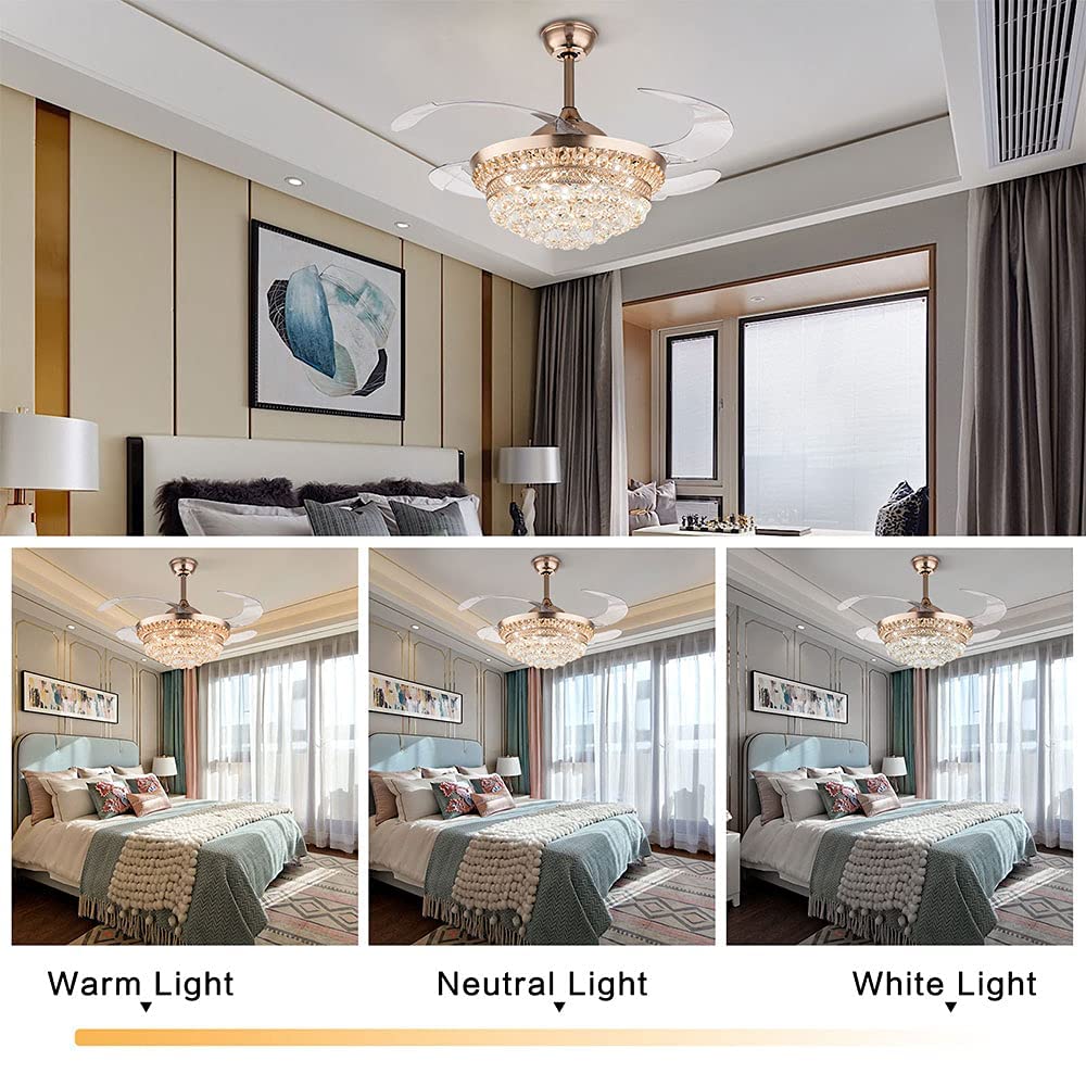 Gdrasuya10 42 Inch Crystal Ceiling Fan with Remote Control, Retractable Invisible Blades, LED Dimmable Chandelier 3 Speed 3 Color Pendant for Bedroom Living Room