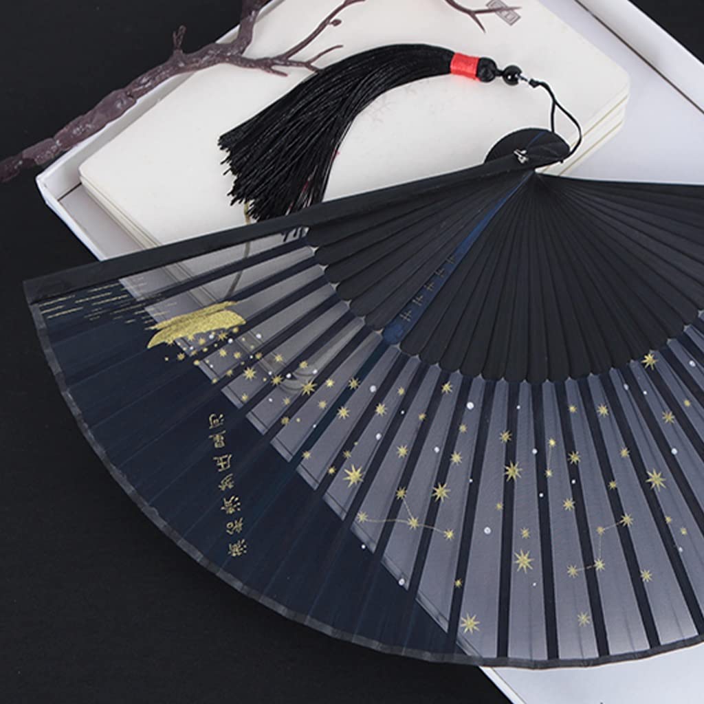Folding Fan Chinese Style Women's Fan Summer Portable Folding Fan Ancient Style Bamboo Fan Dance Platform for Dance (Color : Black)