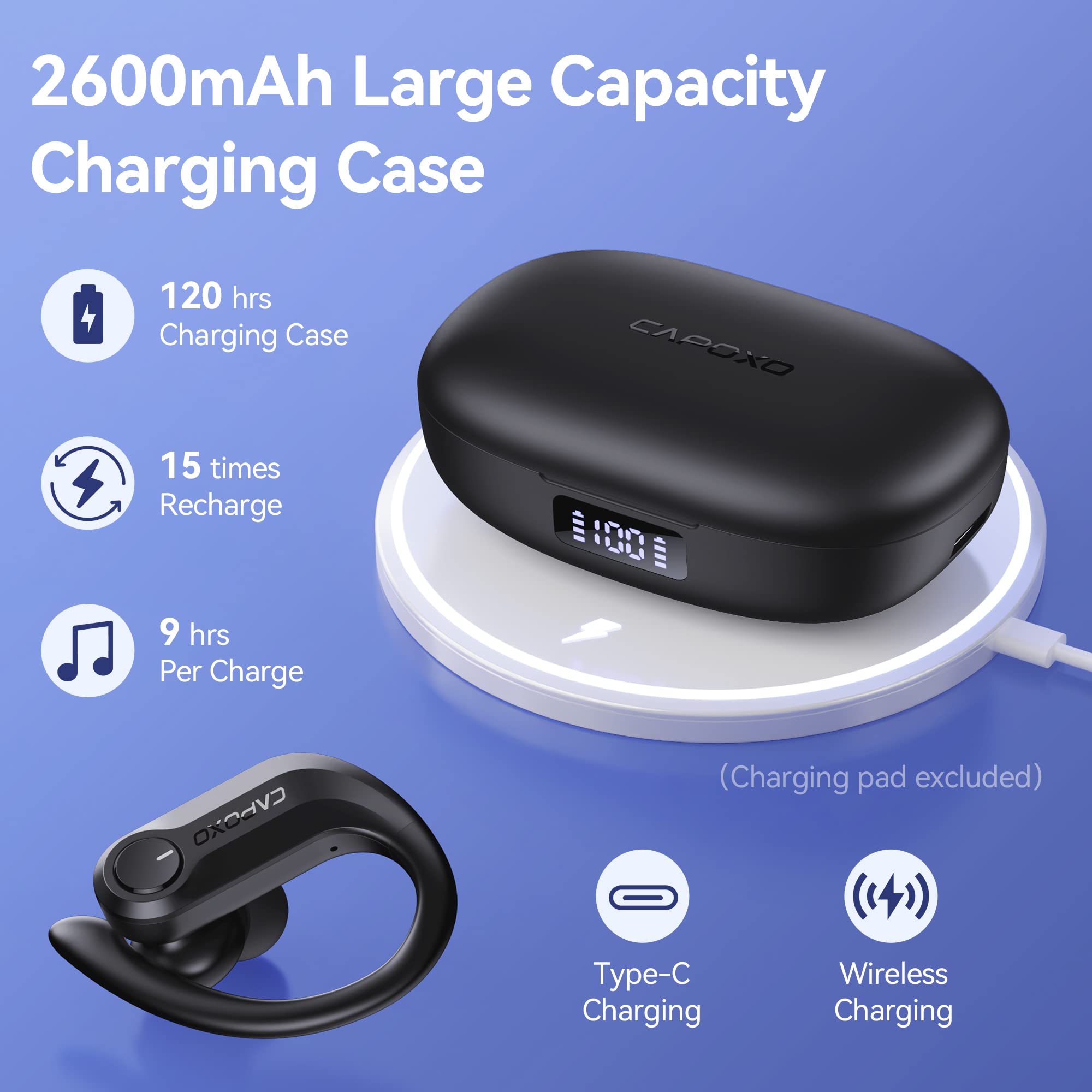 FOYCOY Bluetooth Headphones Wireless Earbuds 120H Playtime Ear Buds IPX7 Waterproof Sports Earphones 2600mAh Wireless Charging Case Headset with Earhooks LED Power Display Mics for Workout CAP0X0