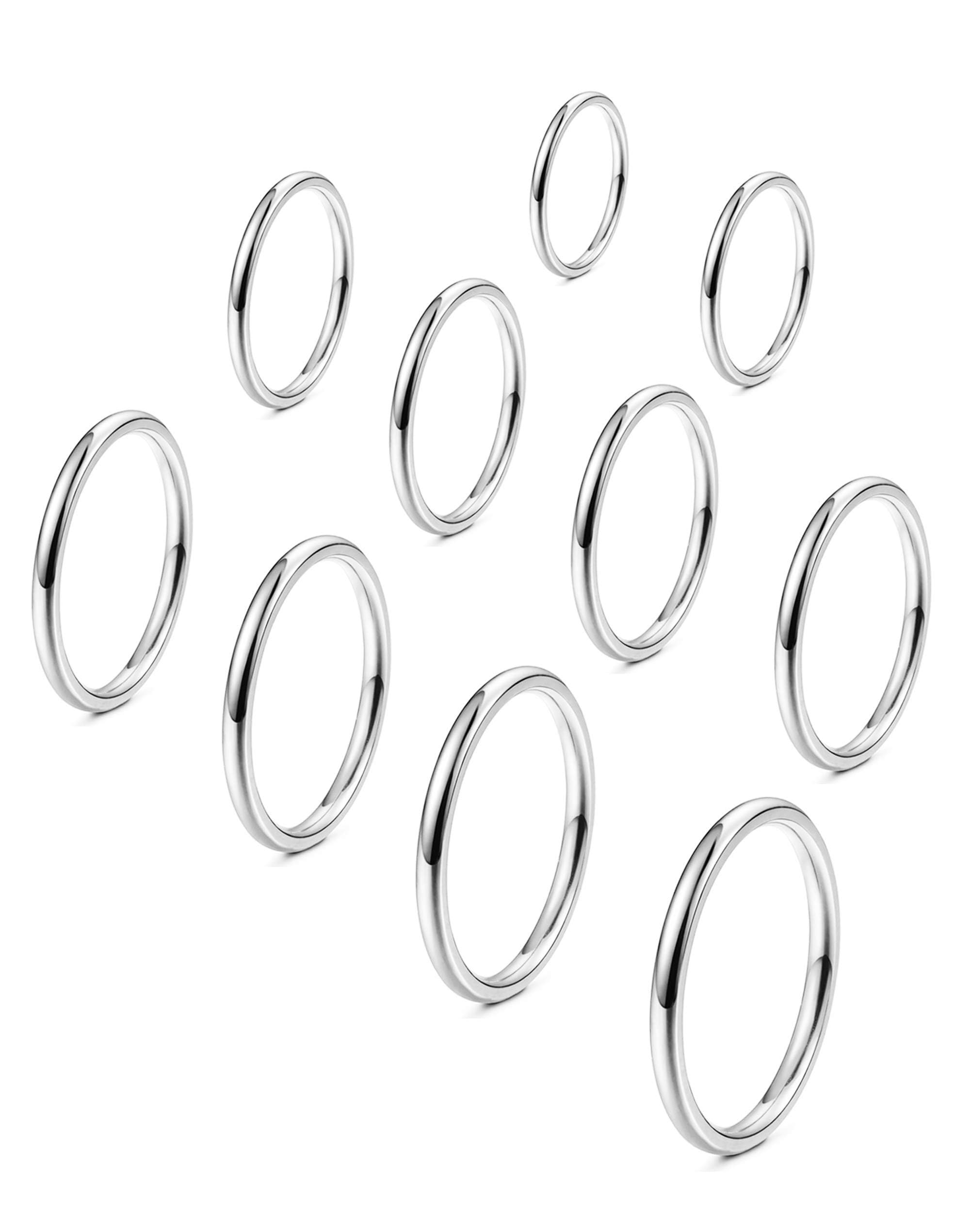 FINREZIO 10PCS Women's 1MM Stainless Steel Plain Band Knuckle Stacking Rings Fashion Thin Midi Rings Comfort Fit Size 2-11 Silver Tone