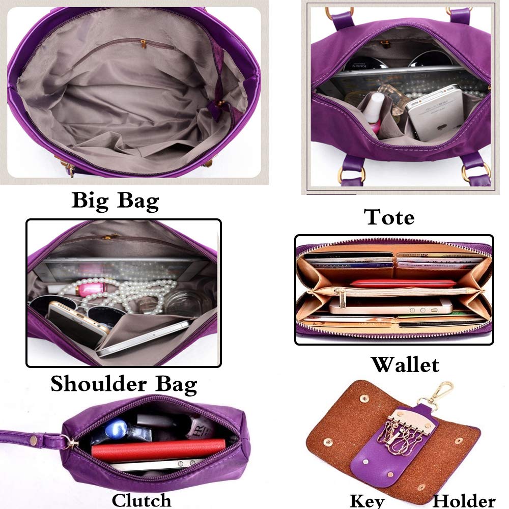FiveloveTwo Women 6Pcs Handbag Set Nylon Top Handle Bag Totes Satchels Crossbody Shoulder Bags and Purse Clutch